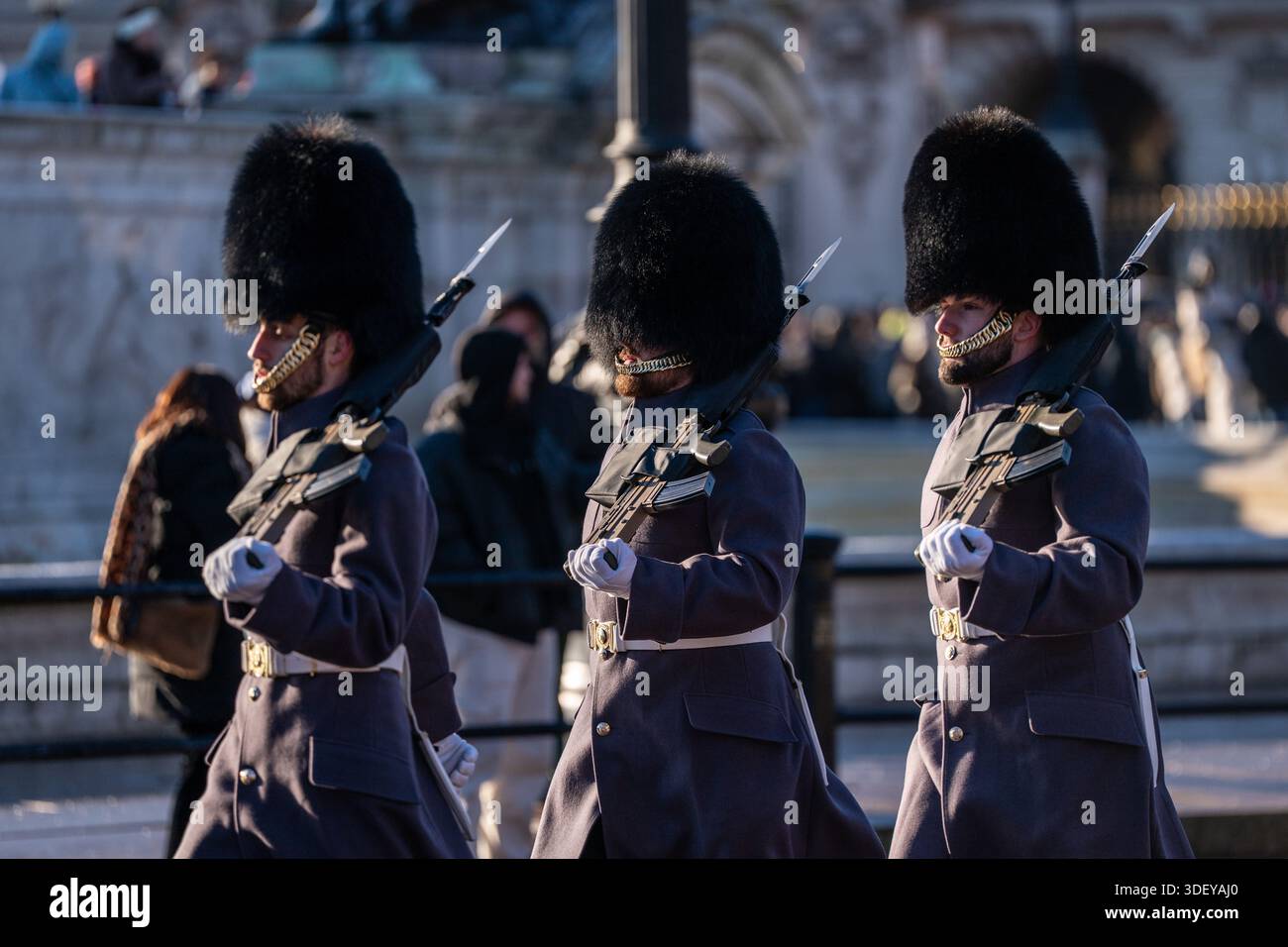 Members of the royal guard marching while participating in the changing ...