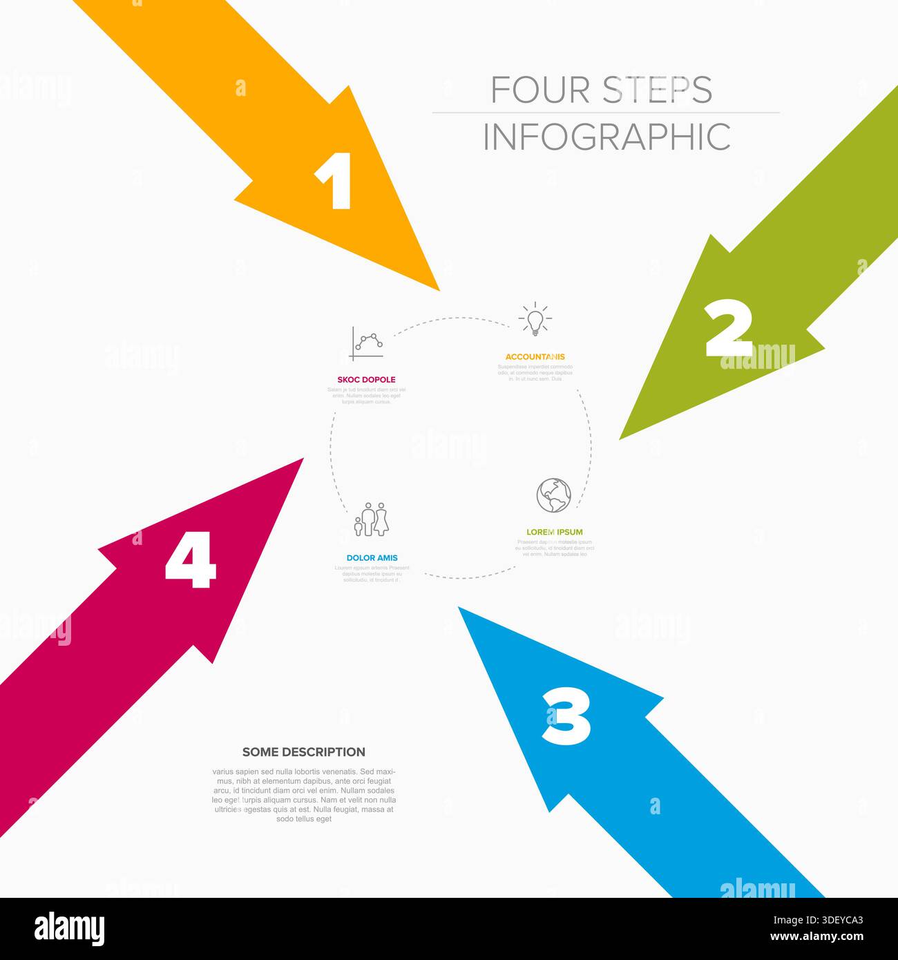 Four-step infographic template with numbered arrows pointing to a ...