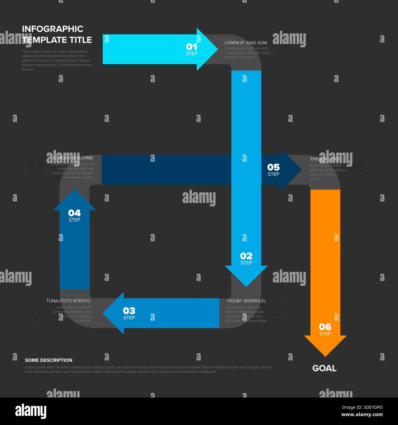 A dark-themed infographic template showcasing a multi-step process with ...