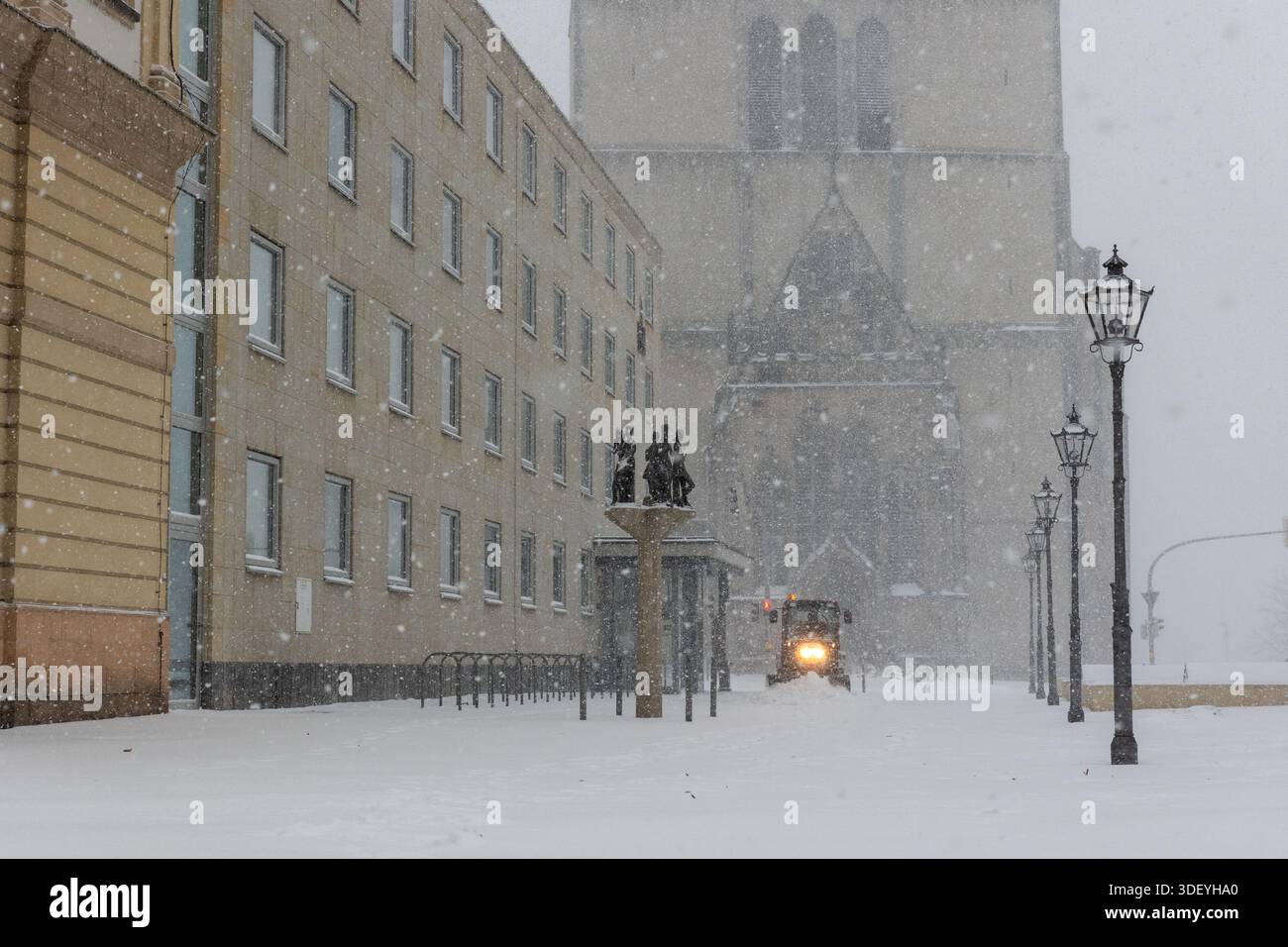 Magdeburg, Germany. 9th Jan 2026. Historic square in Germany covered by ...