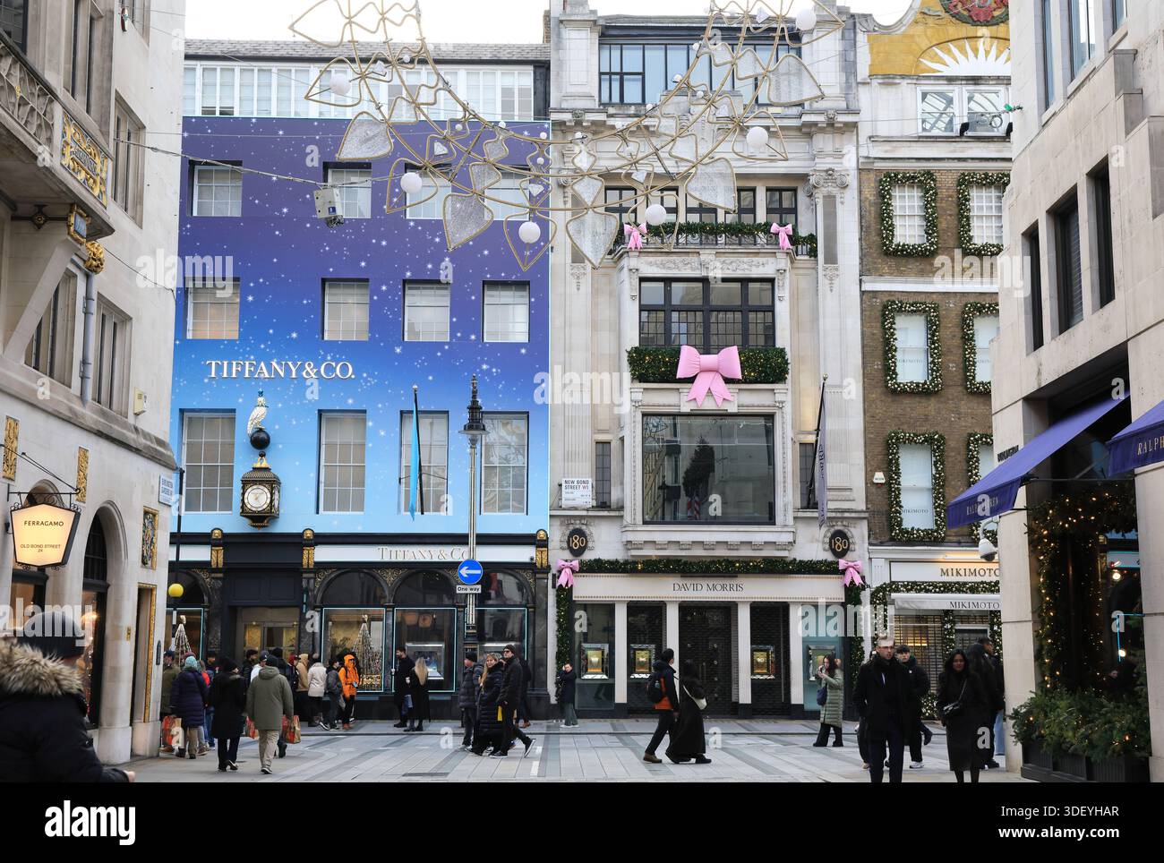 Upmarket shops on New Bond Street at Christmas time, in Mayfair, London ...