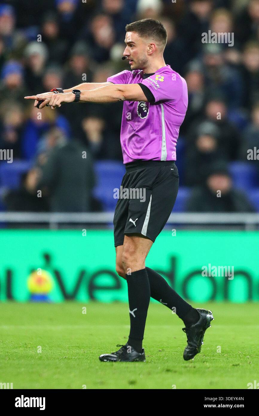 Referee, Tom Kirk gestures during the Everton v Wolverhampton Wanderers ...