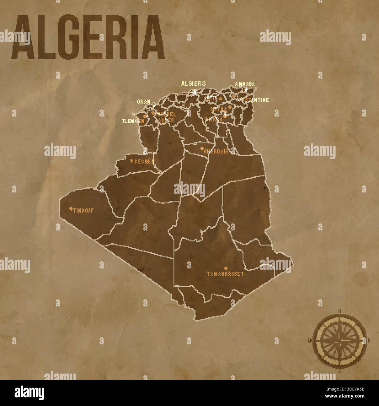 Vintage ALGERIA Map with Regions Borders and Major Cities Positions ...