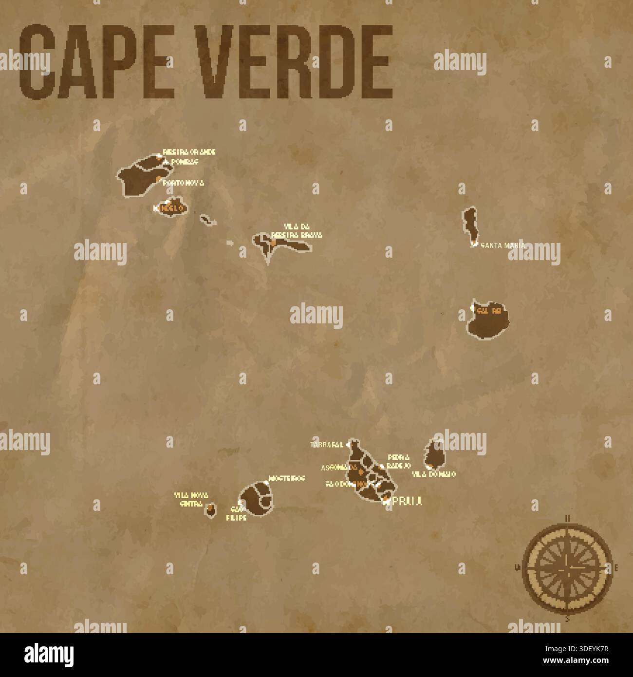 Vintage CAPE VERDE Map with Regions Borders and Major Cities Positions ...