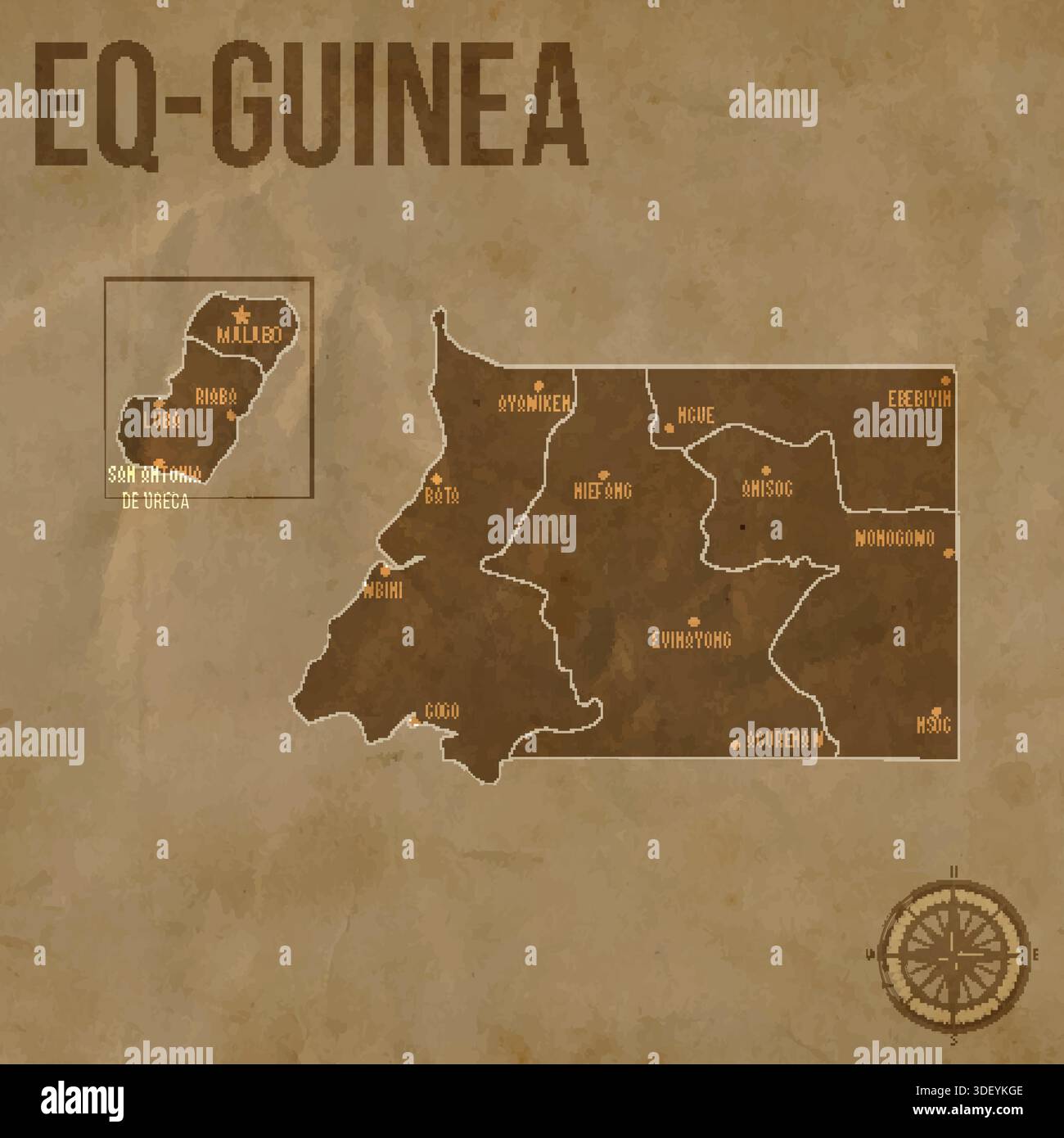 Vintage EQUATORIAL GUINEA Map with Regions Borders and Major Cities ...