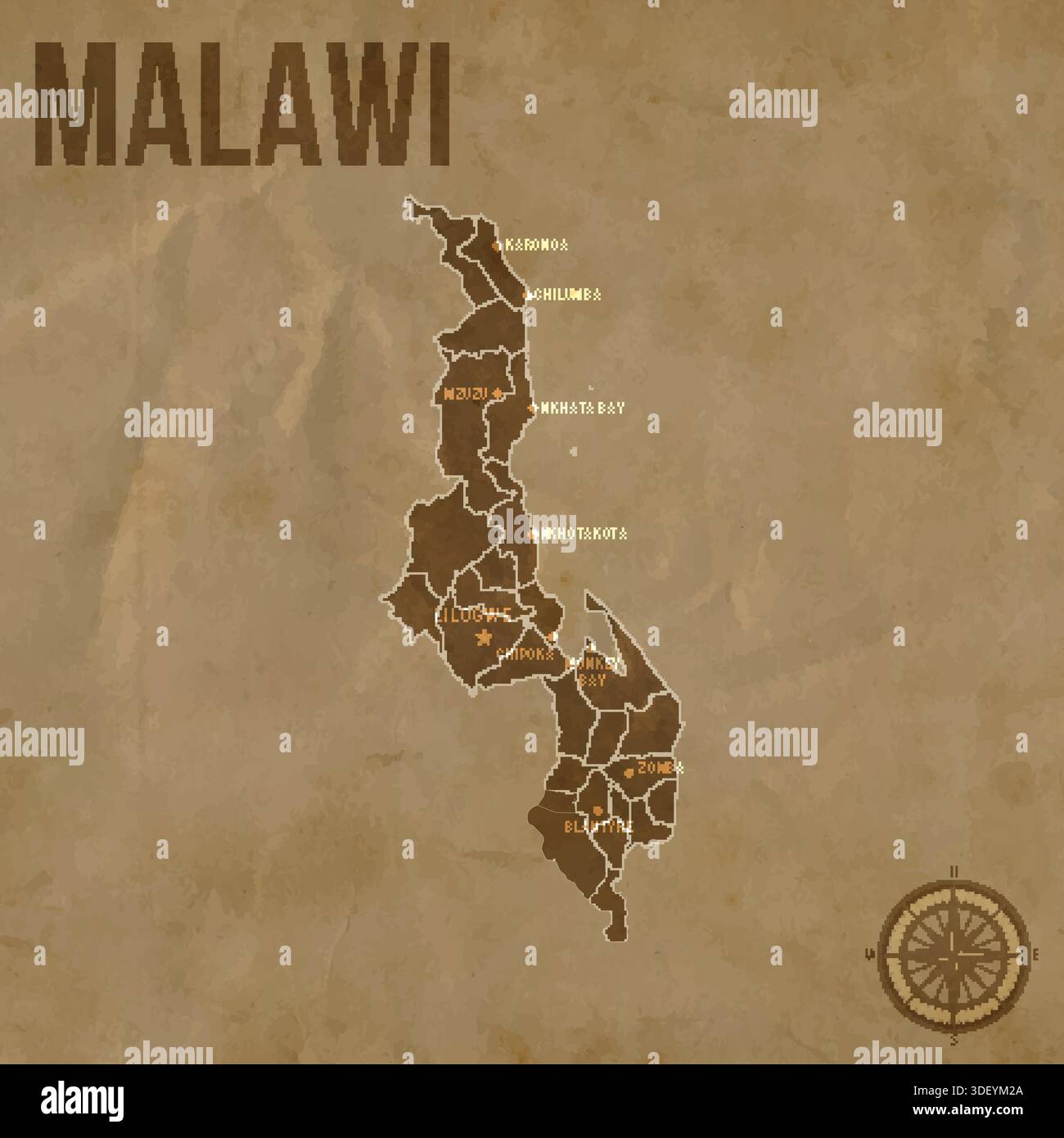 Vintage MALAWI Map with Regions Borders and Major Cities Positions ...