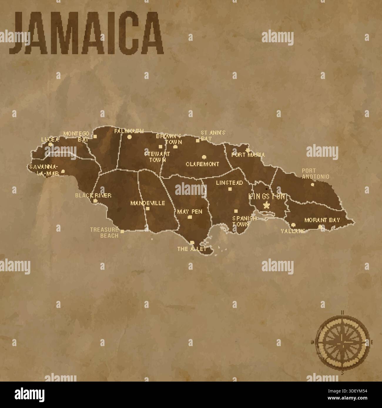 Vintage JAMAICA Map with Regions Borders and Major Cities Positions ...