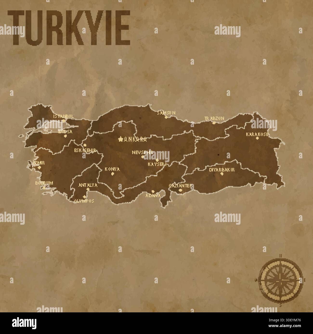 Vintage TURKYIE Map with Regions Borders and Major Cities Positions ...