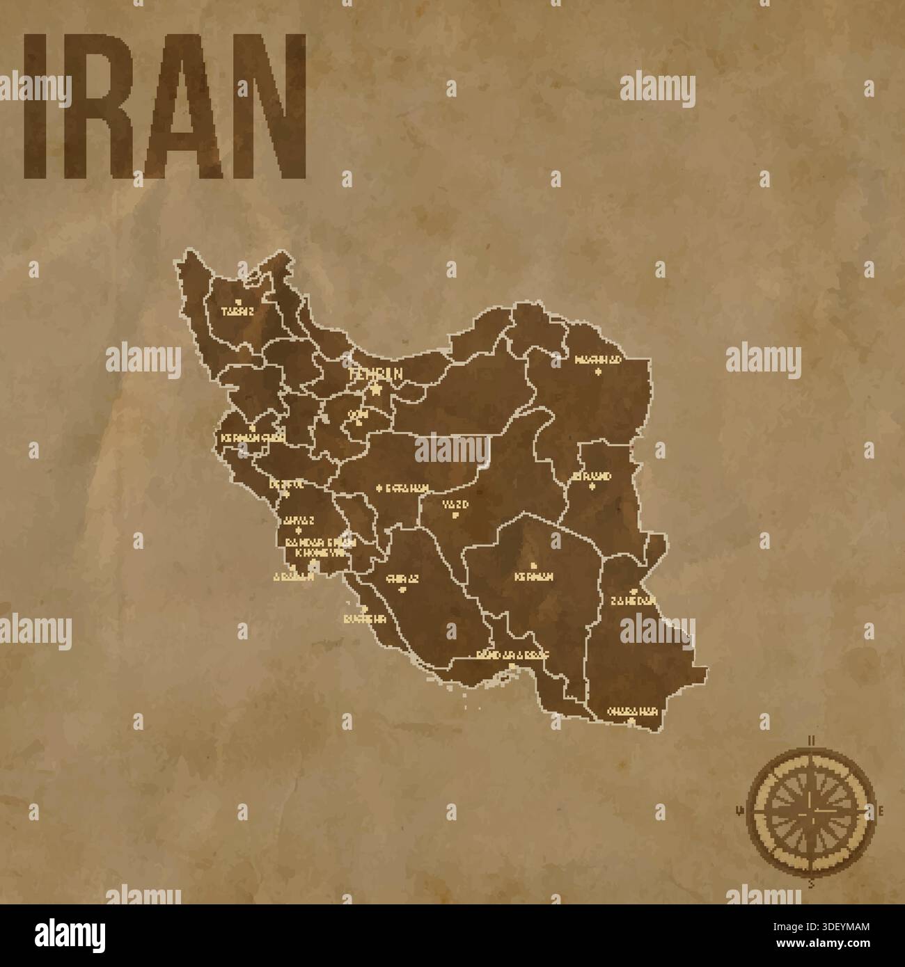 Vintage IRAN Map with Regions Borders and Major Cities Positions Stock ...