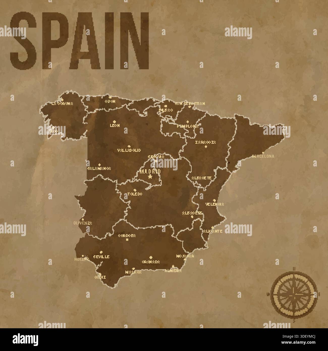 Vintage SPAIN Map with Regions Borders and Major Cities Positions Stock ...