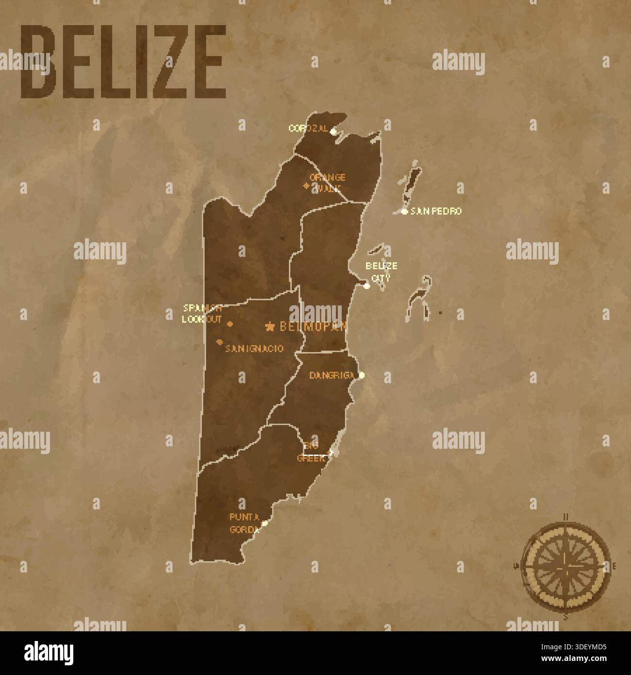 Vintage BELIZE Map with Regions Borders and Major Cities Positions ...