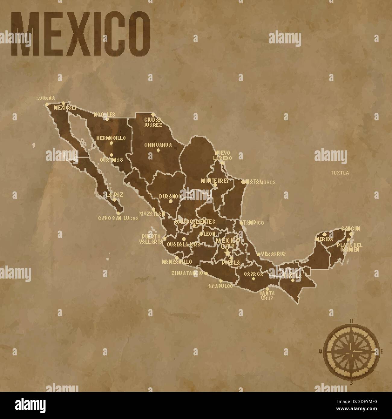 Vintage MEXICO Map with Regions Borders and Major Cities Positions ...