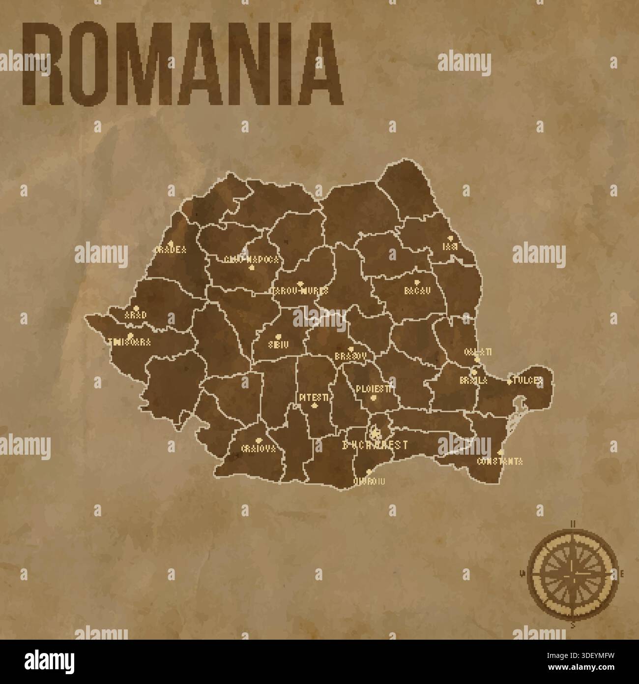 Vintage ROMANIA Map with Regions Borders and Major Cities Positions ...
