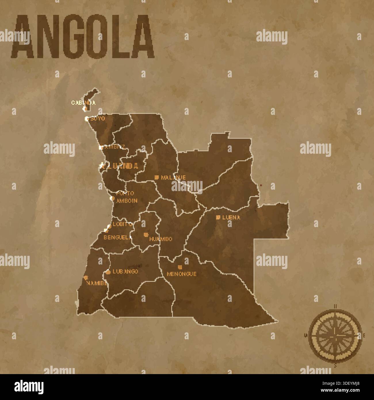 Vintage ANGOLA Map with Regions Borders and Major Cities Positions ...