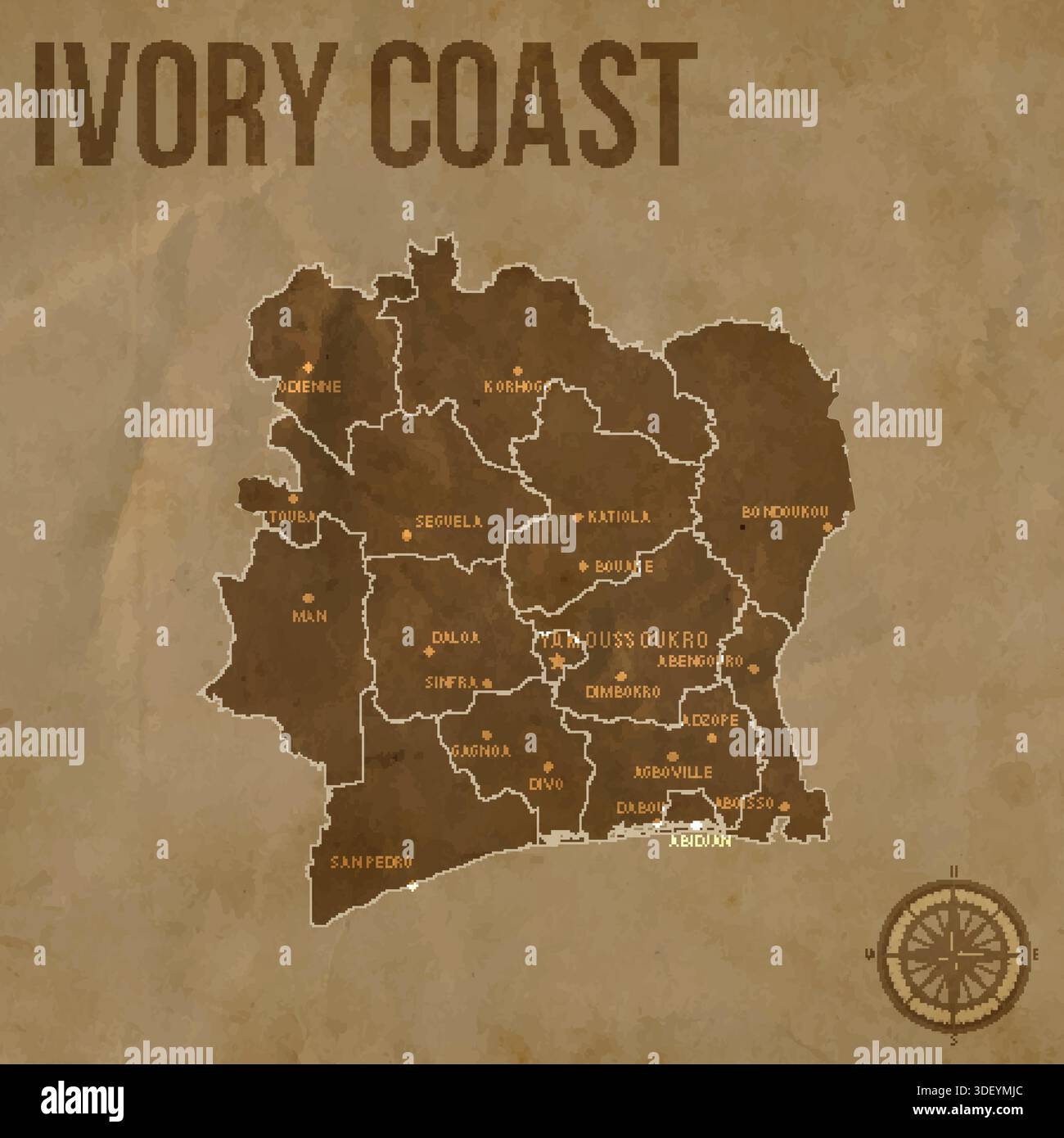 Vintage IVORY COAST Map with Regions Borders and Major Cities Positions ...