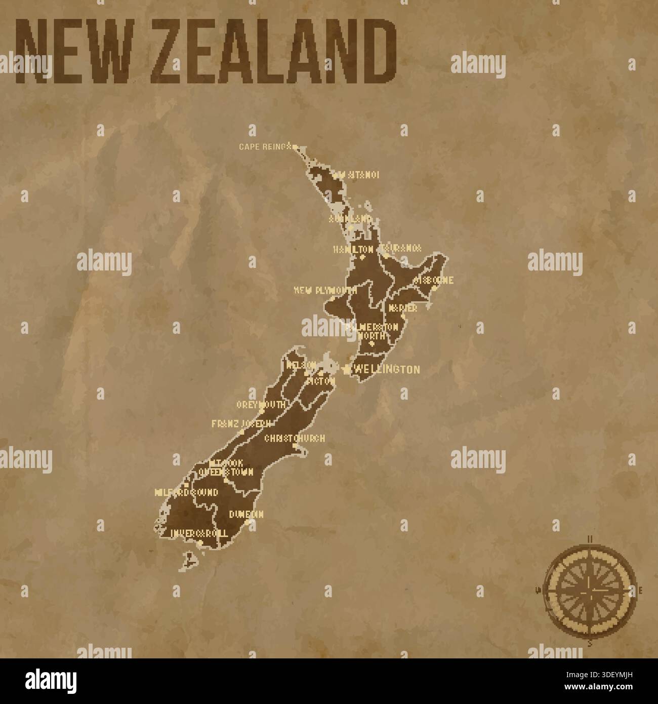Vintage NEW ZEALAND Map with Regions Borders and Major Cities Positions ...