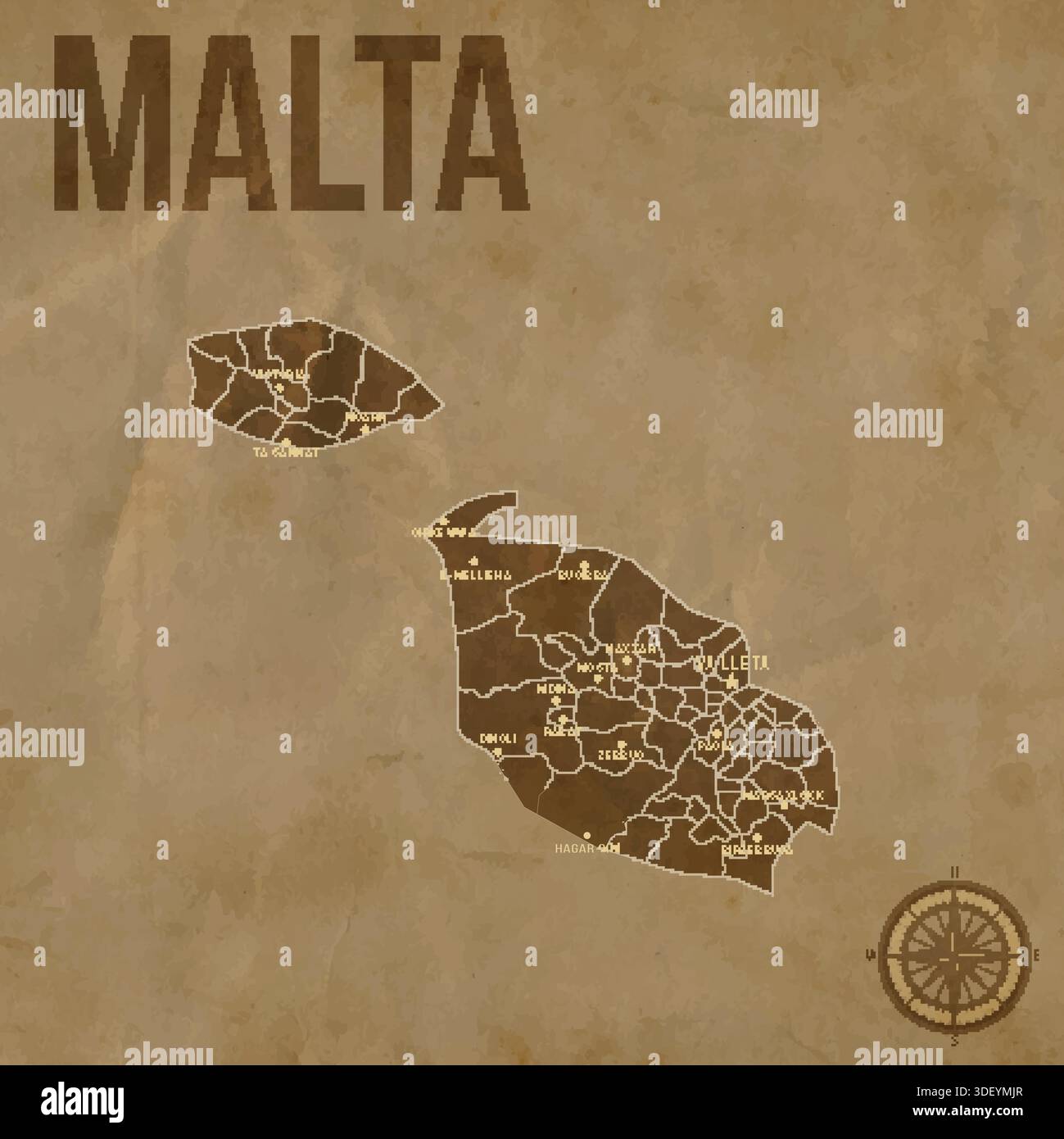 Vintage MALTA Map with Regions Borders and Major Cities Positions Stock ...