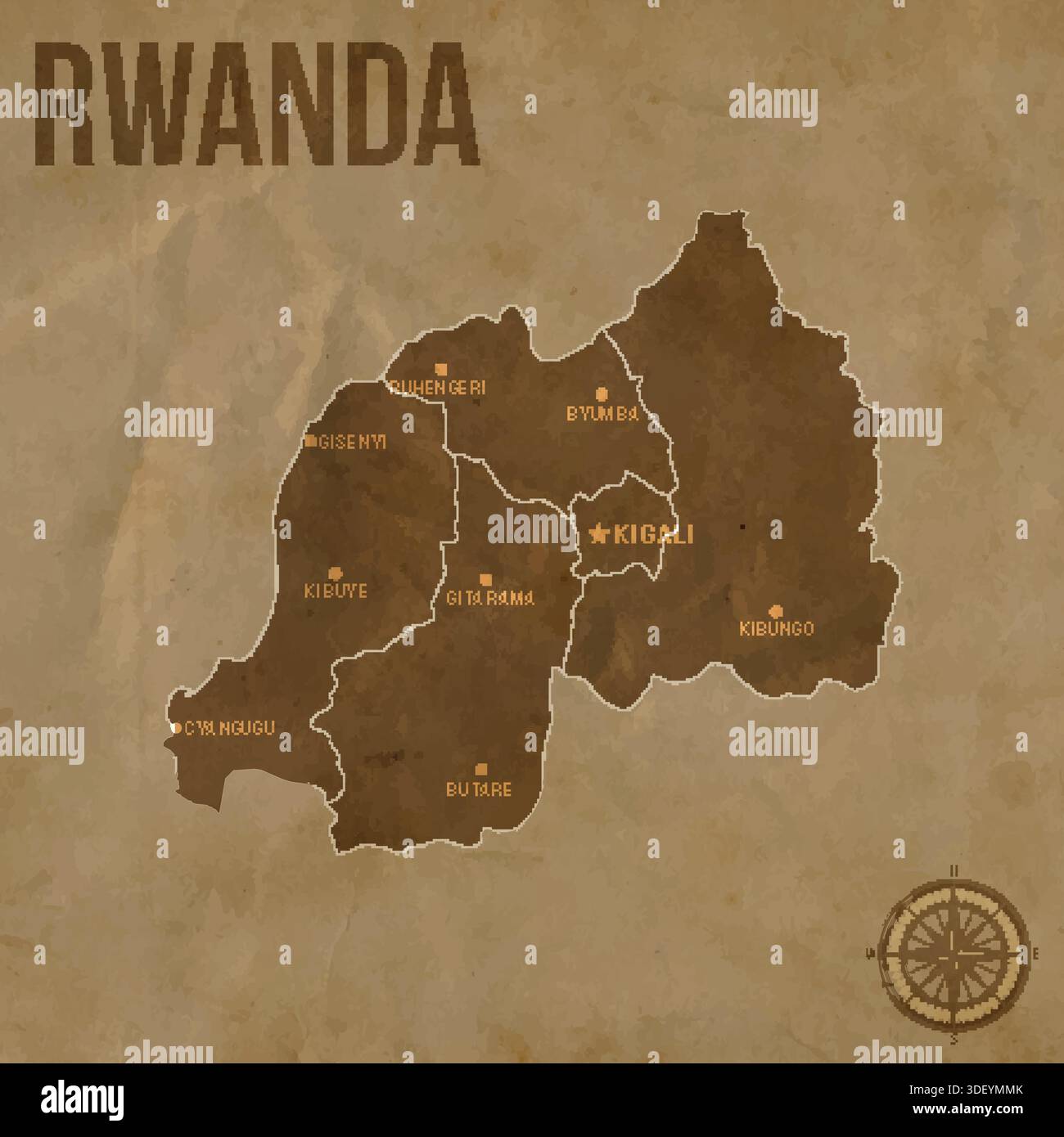 Vintage RWANDA Map with Regions Borders and Major Cities Positions ...
