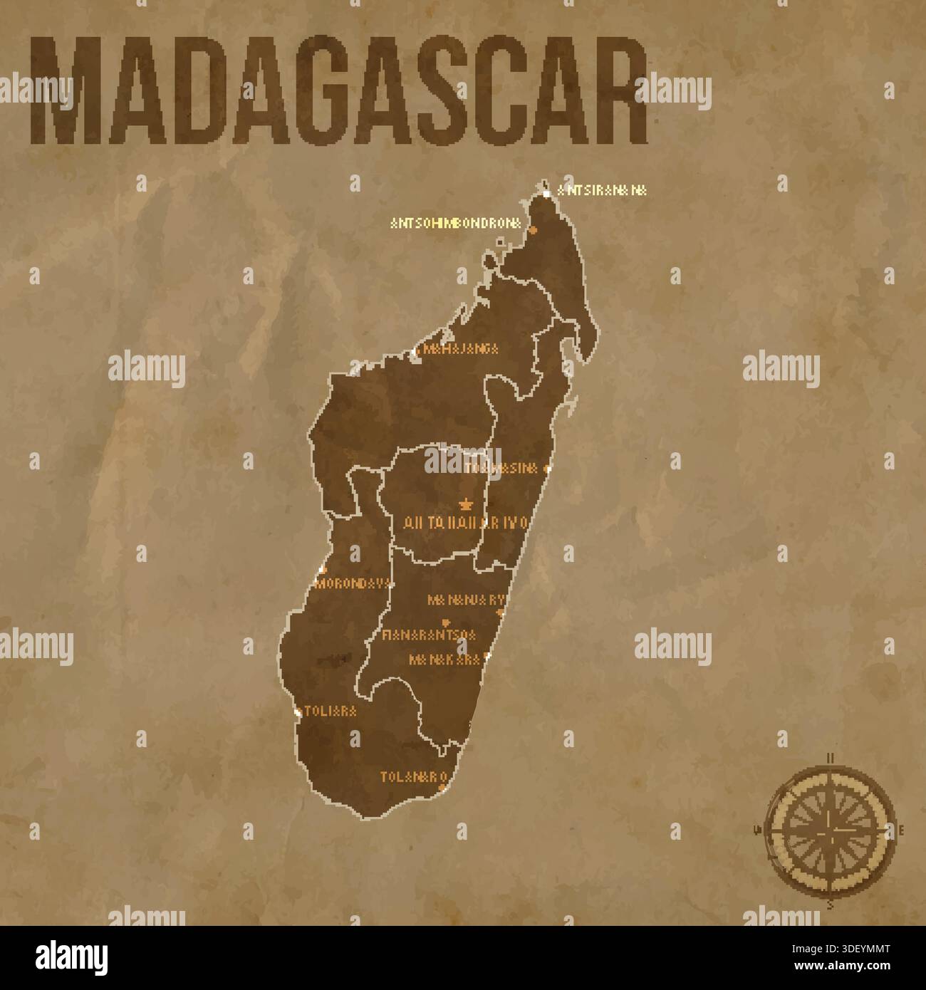 Vintage MADAGASCAR Map with Regions Borders and Major Cities Positions ...