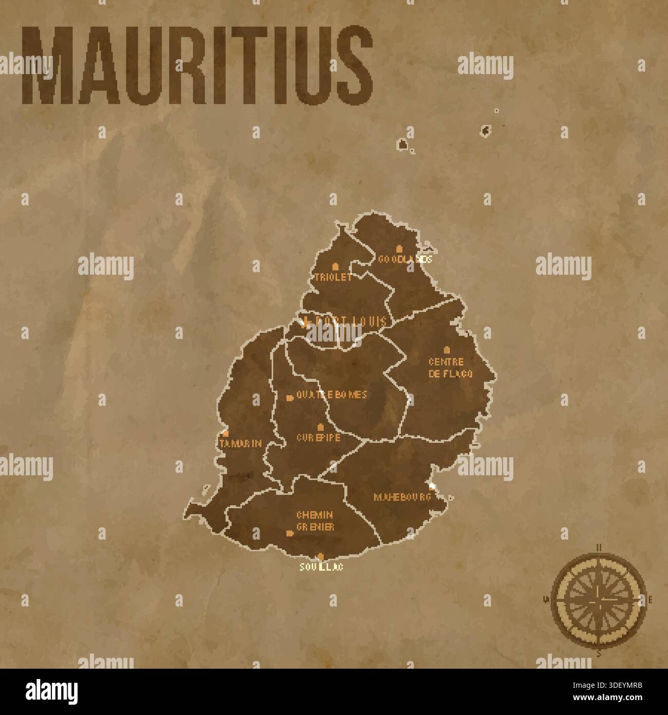 Vintage MAURITIUS Map with Regions Borders and Major Cities Positions ...