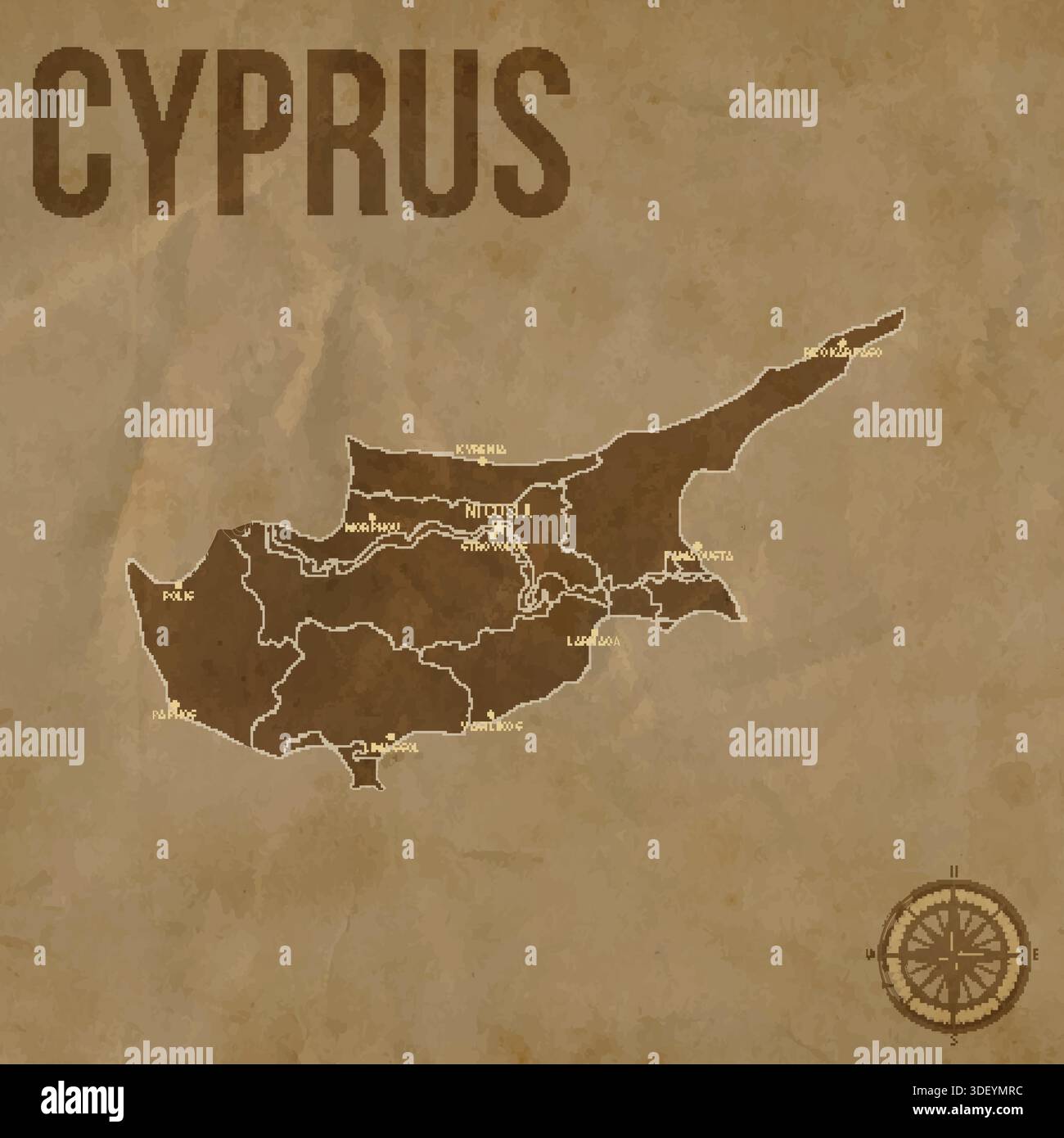 Vintage CYPRUS Map with Regions Borders and Major Cities Positions ...