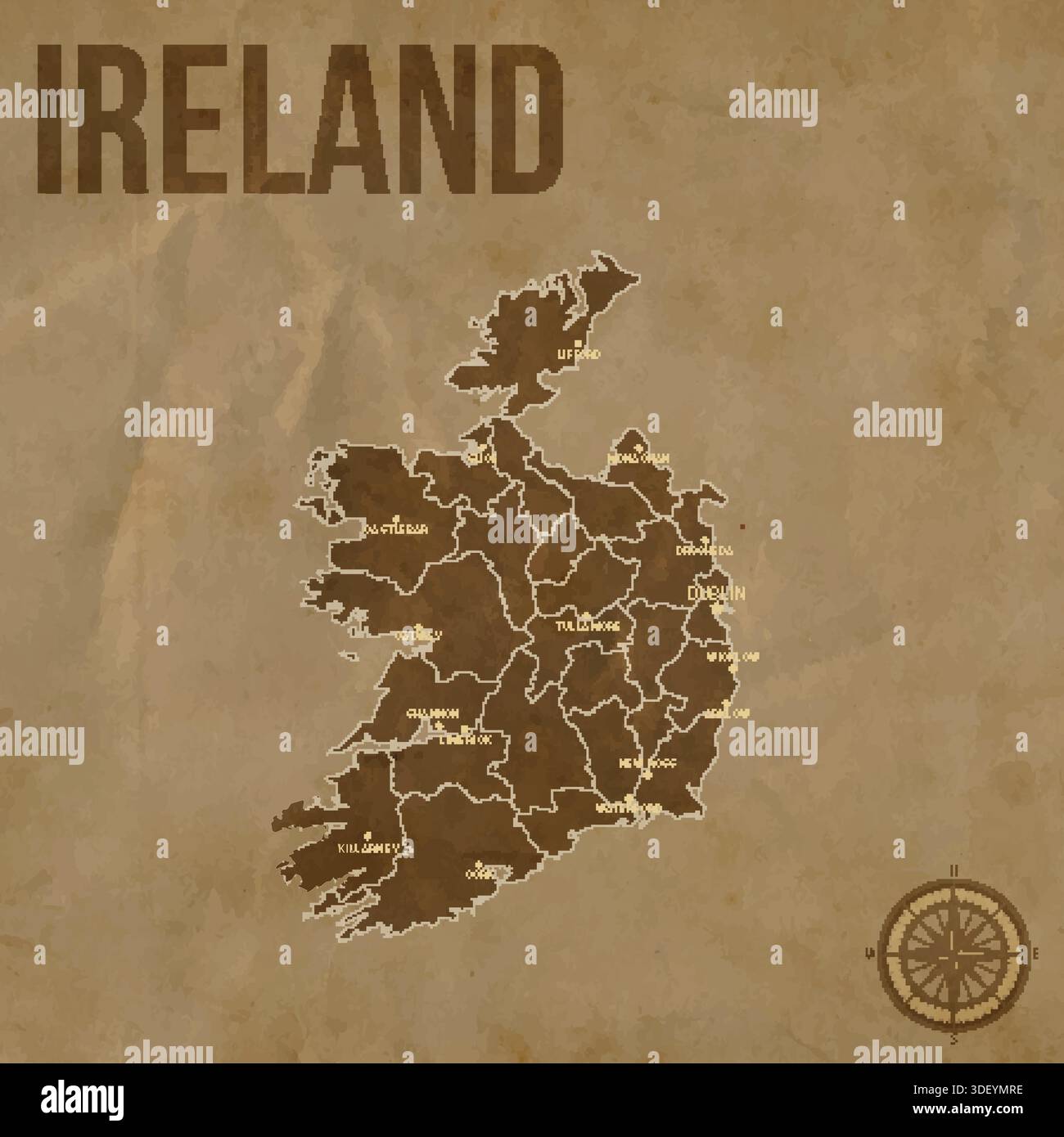 Vintage IRELAND Map with Regions Borders and Major Cities Positions ...