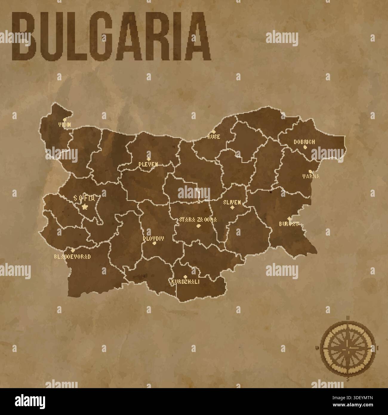 Vintage BULGARIA Map with Regions Borders and Major Cities Positions ...