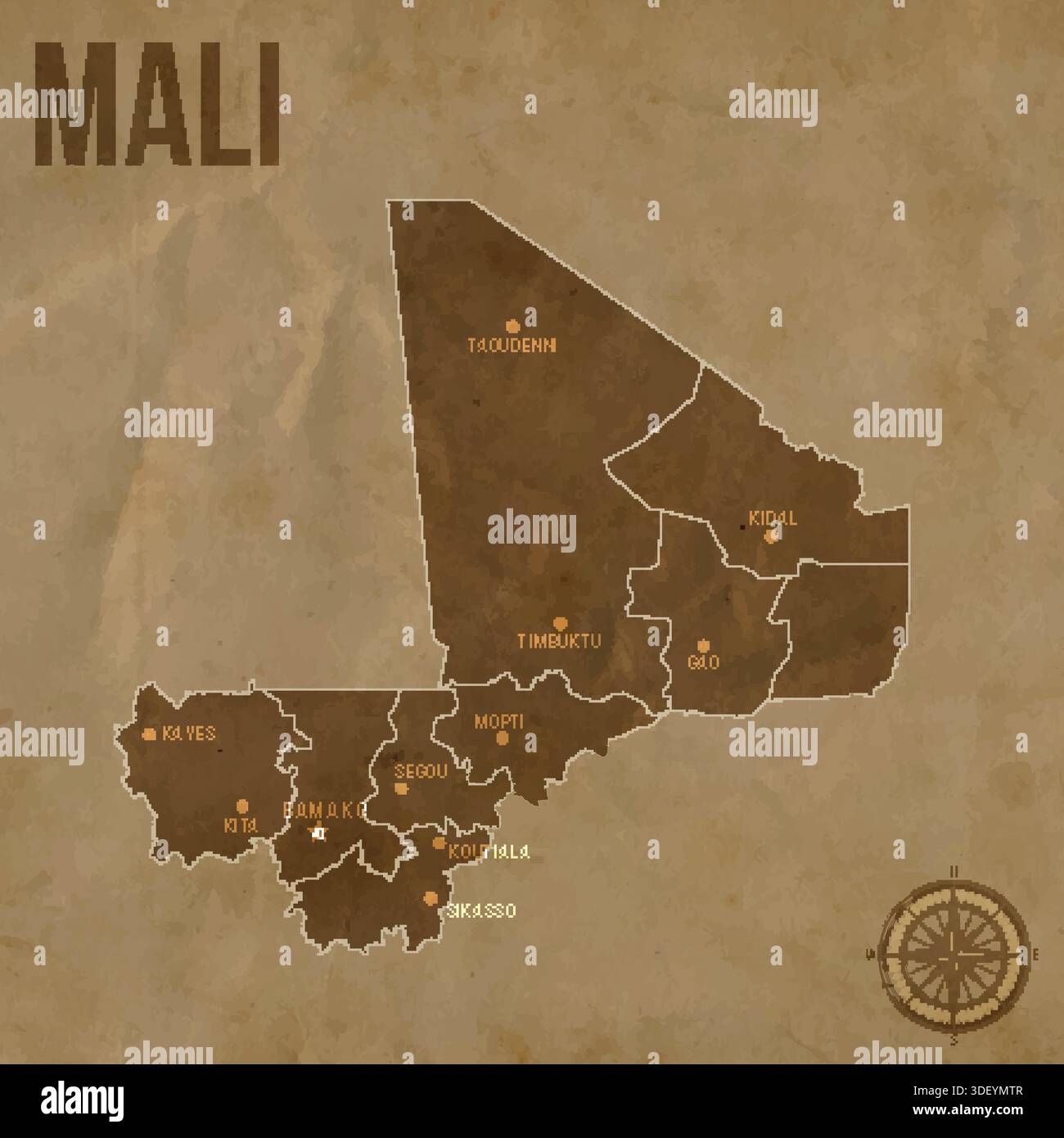 Vintage MALI Map with Regions Borders and Major Cities Positions Stock ...