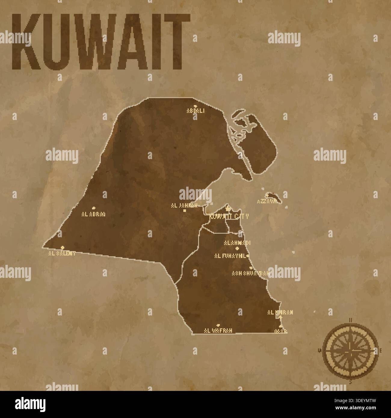 Vintage KUWAIT Map with Regions Borders and Major Cities Positions ...