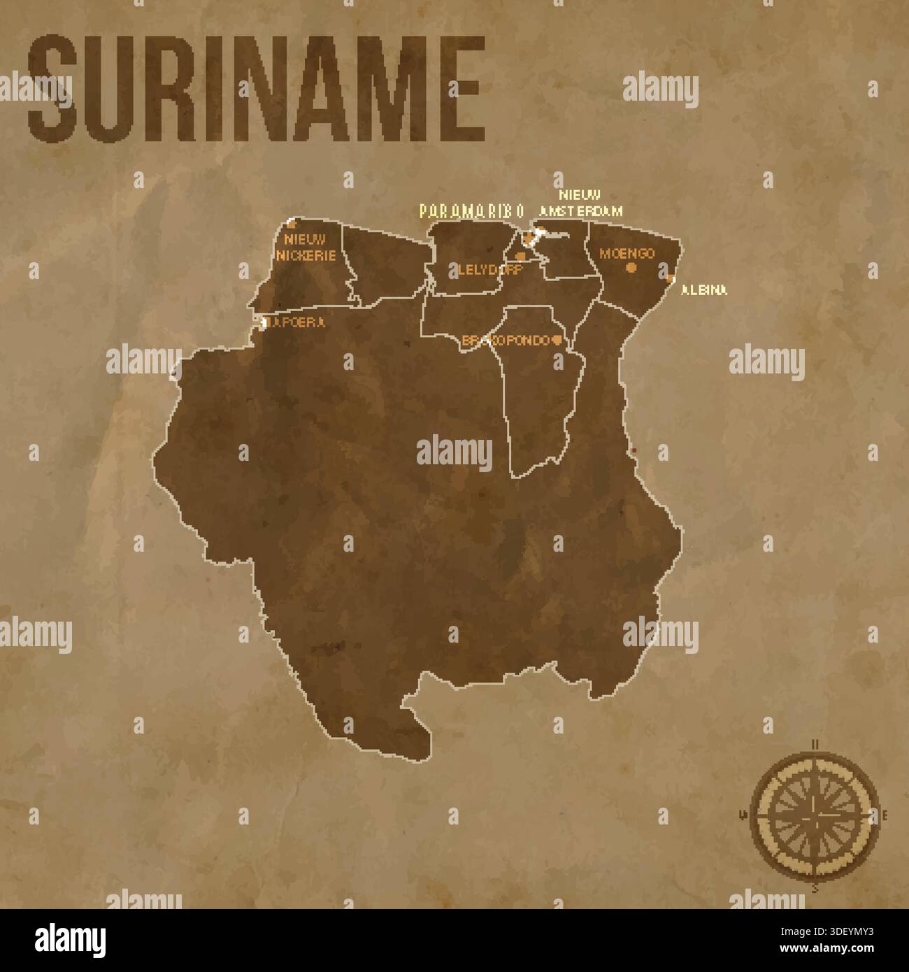 Vintage SURINAME Map with Regions Borders and Major Cities Positions ...