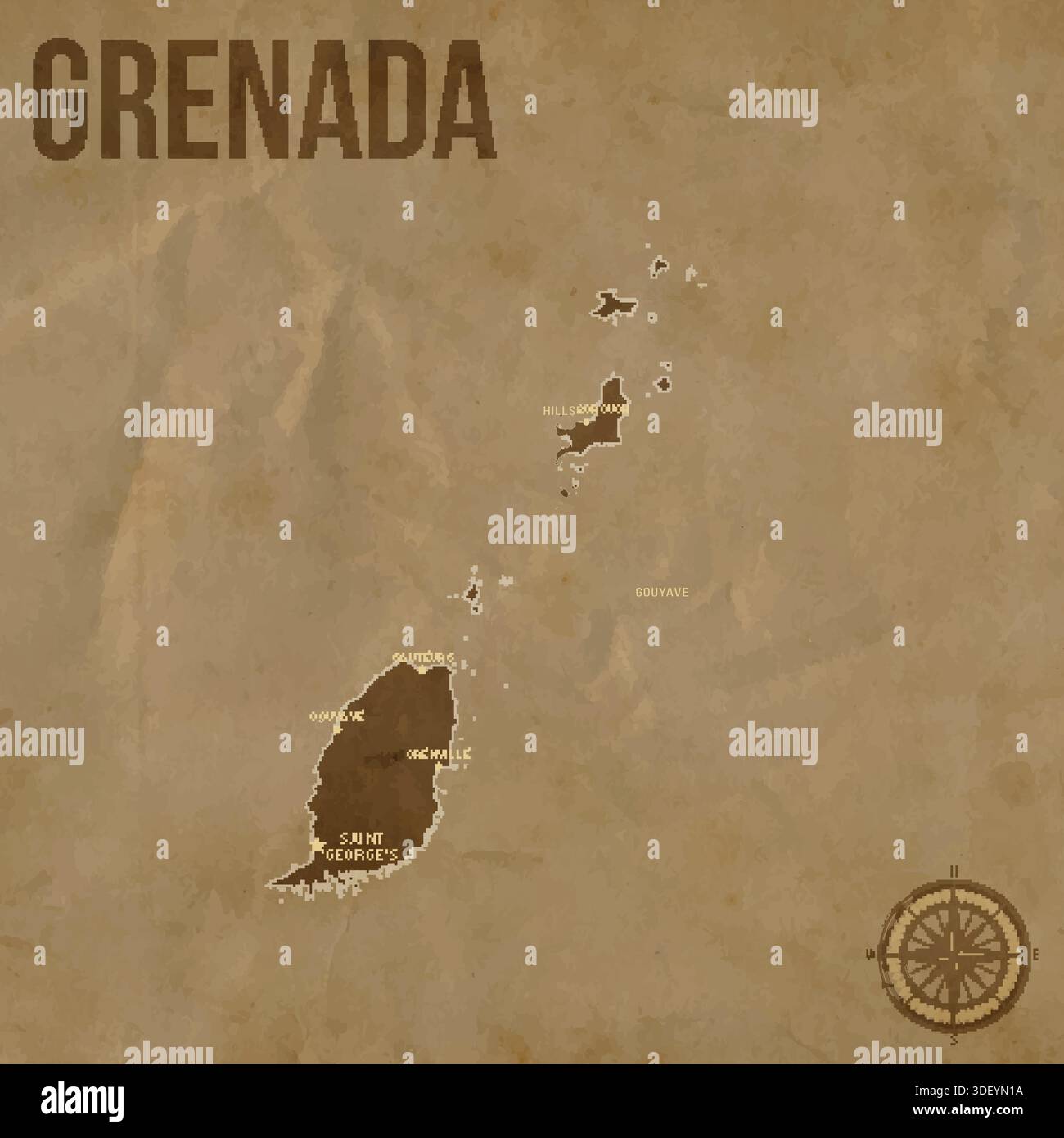 Vintage GRENADA Map with Regions Borders and Major Cities Positions ...