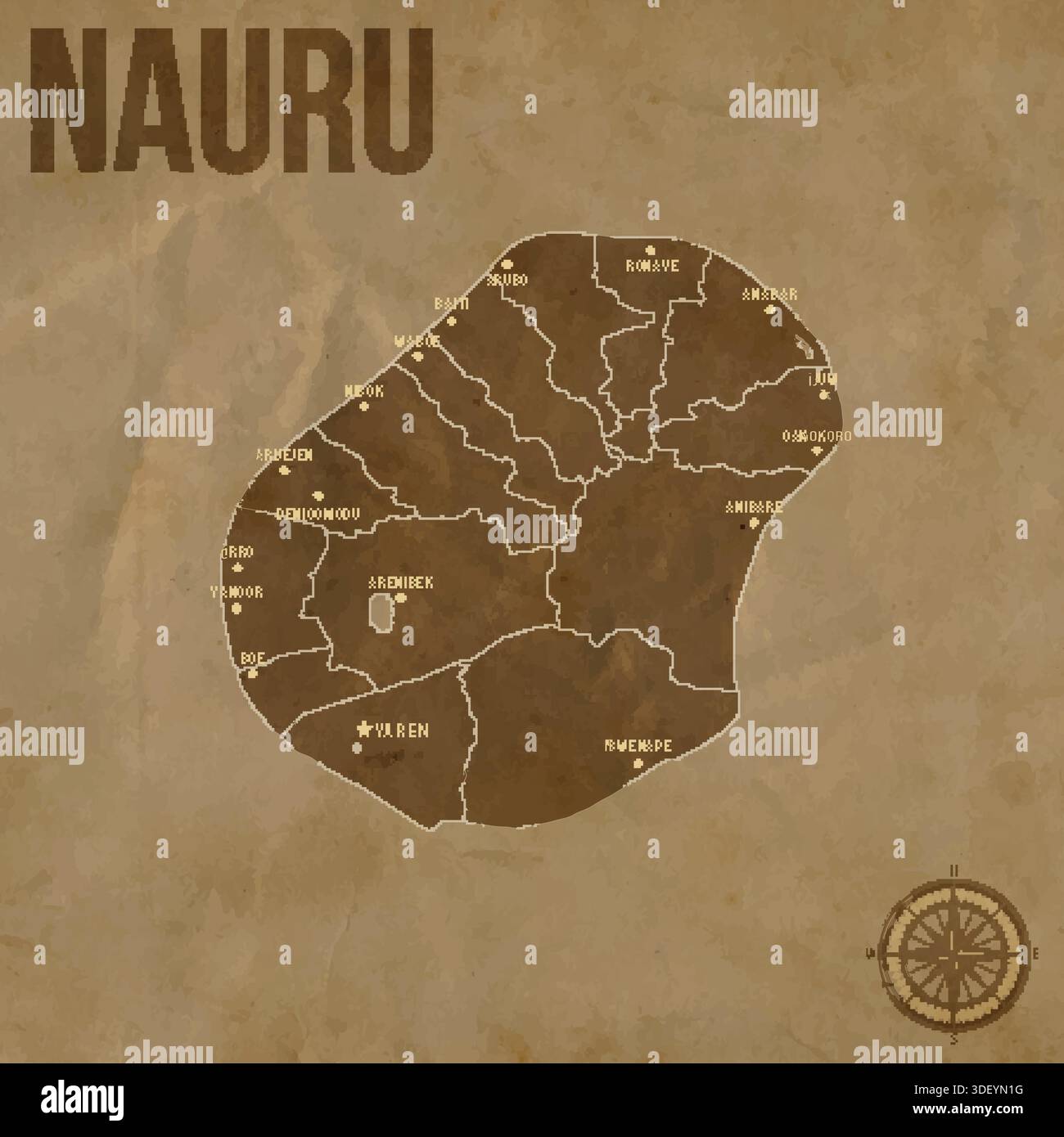 Vintage NAURU Map with Regions Borders and Major Cities Positions Stock ...