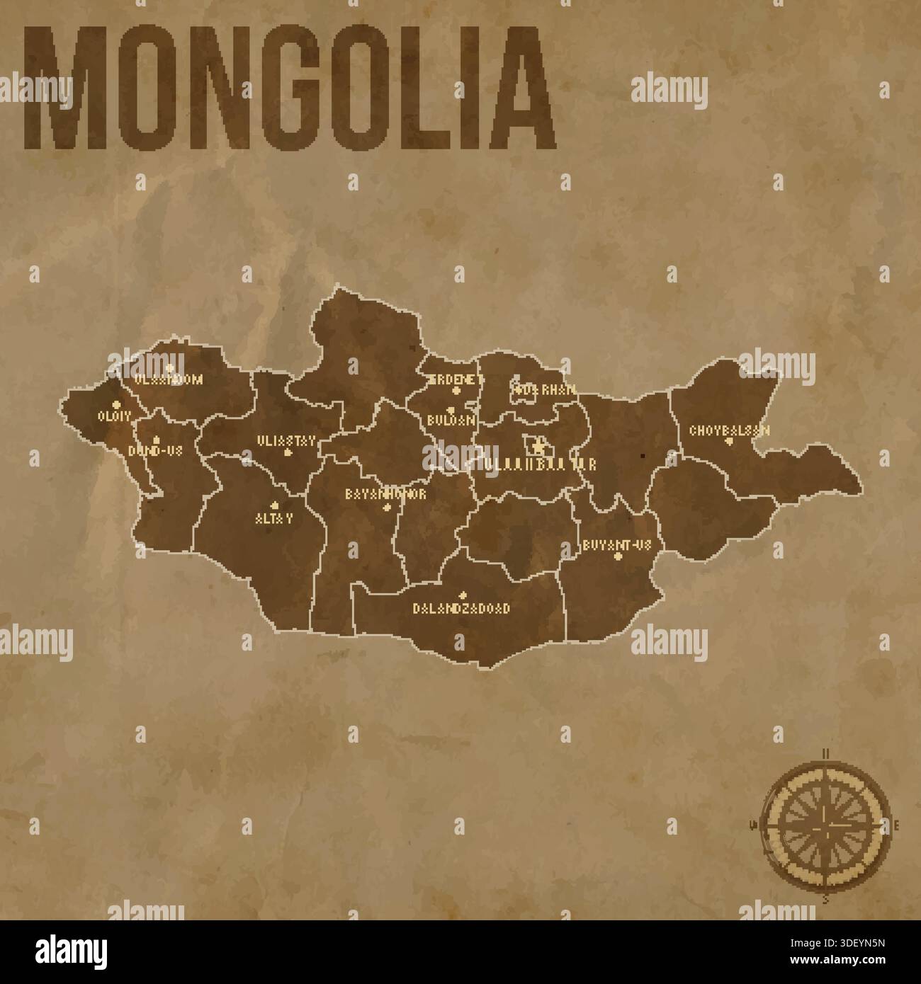 Vintage MONGOLIA Map with Regions Borders and Major Cities Positions ...