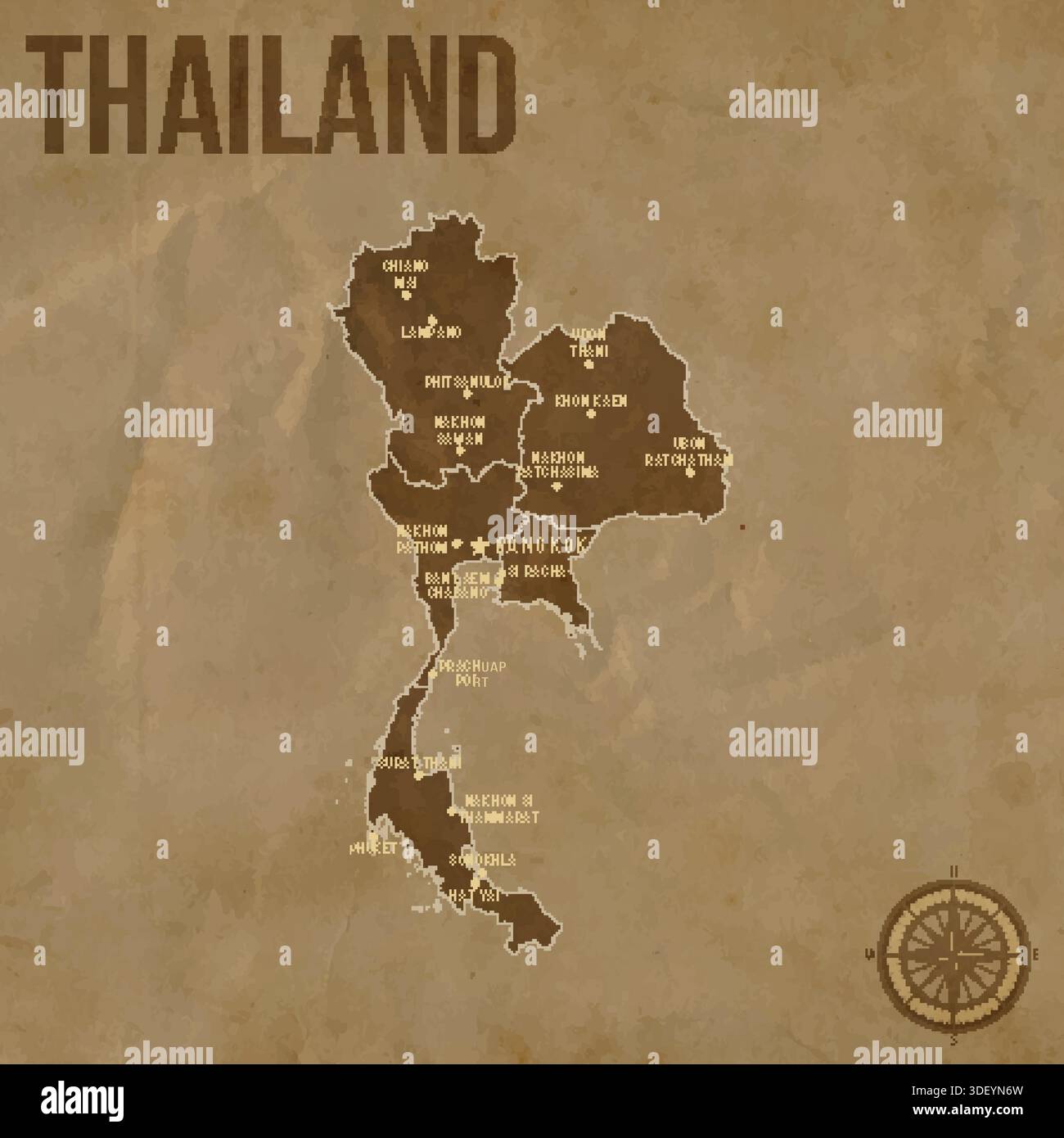 Vintage THAILAND Map with Regions Borders and Major Cities Positions ...