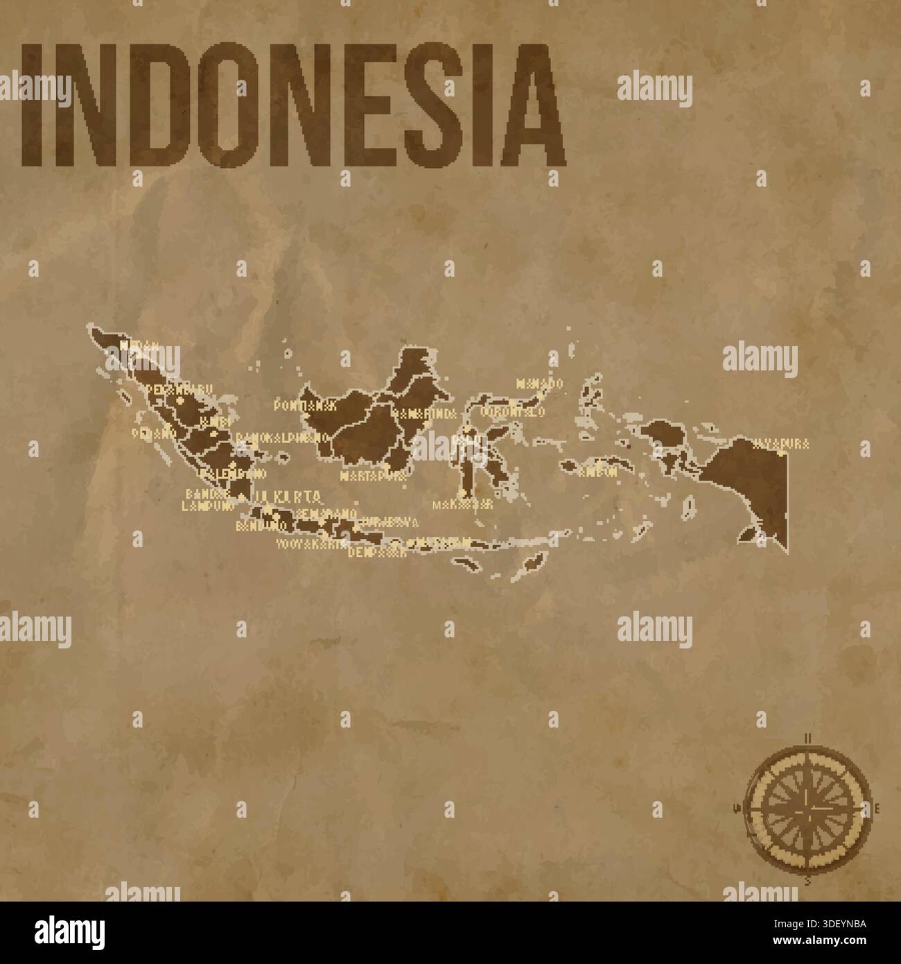 Vintage INDONESIA Map with Regions Borders and Major Cities Positions ...