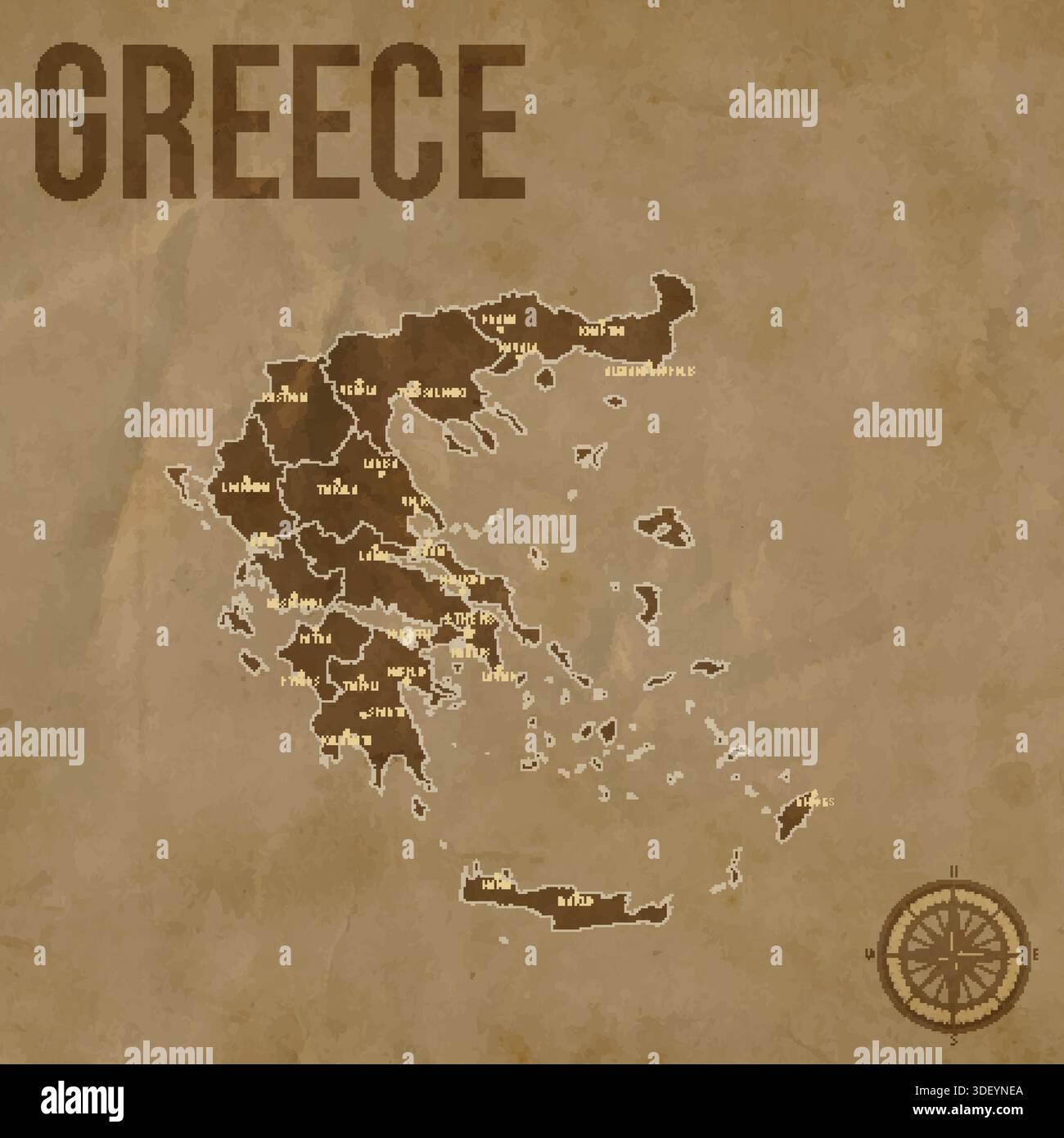 Vintage GREECE Map with Regions Borders and Major Cities Positions ...