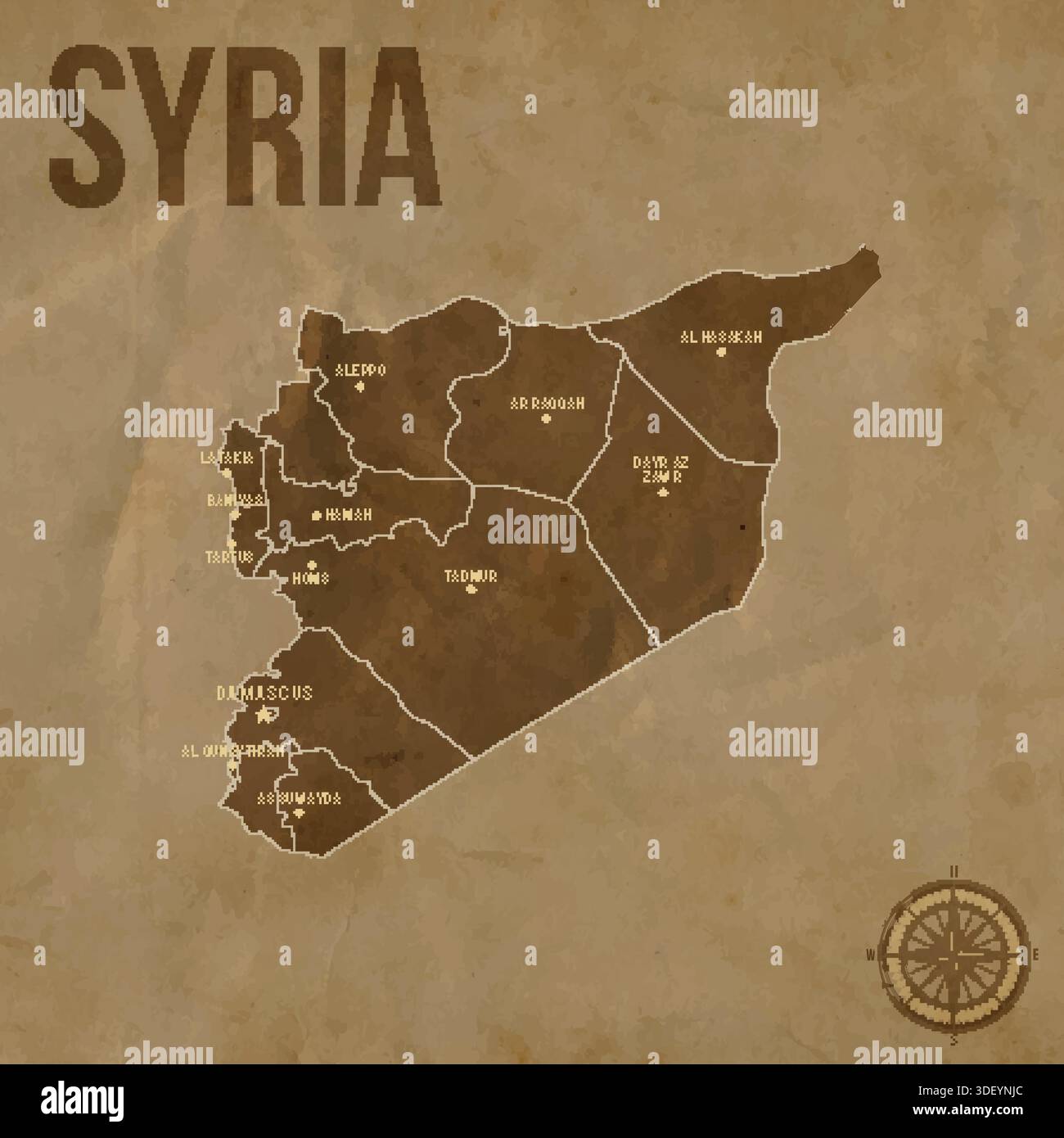 Vintage SYRIA Map with Regions Borders and Major Cities Positions Stock ...