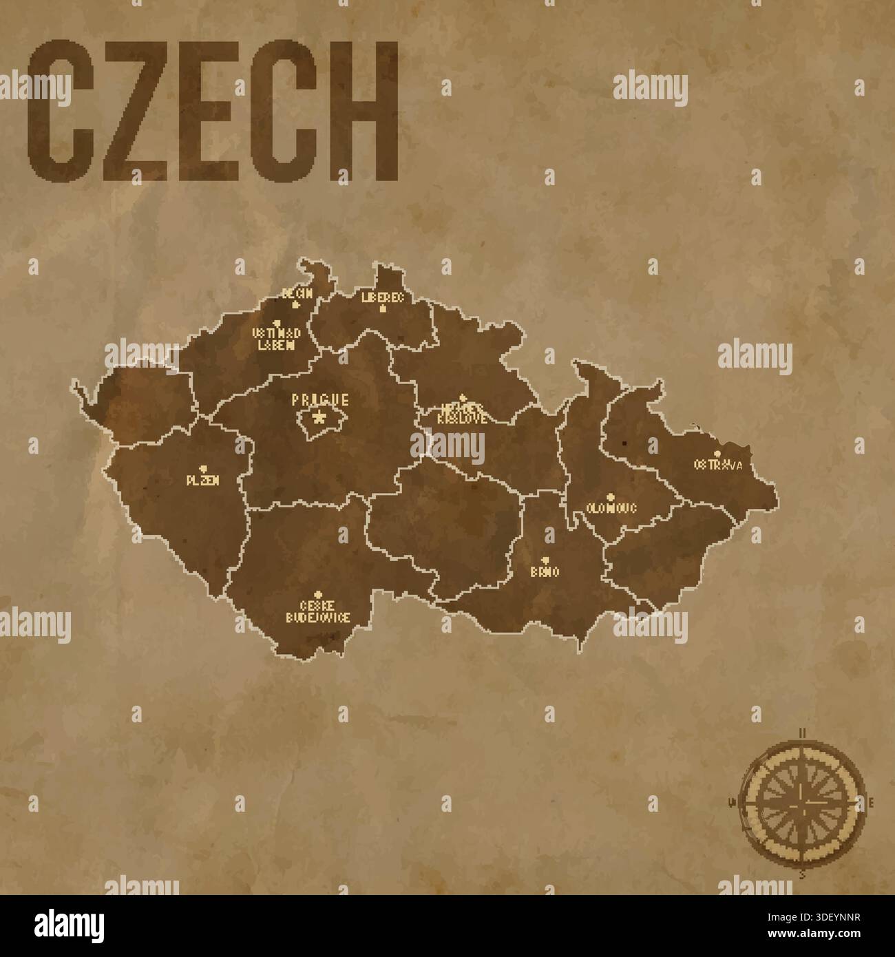 Vintage CZECH REPUBLIC Map with Regions Borders and Major Cities ...