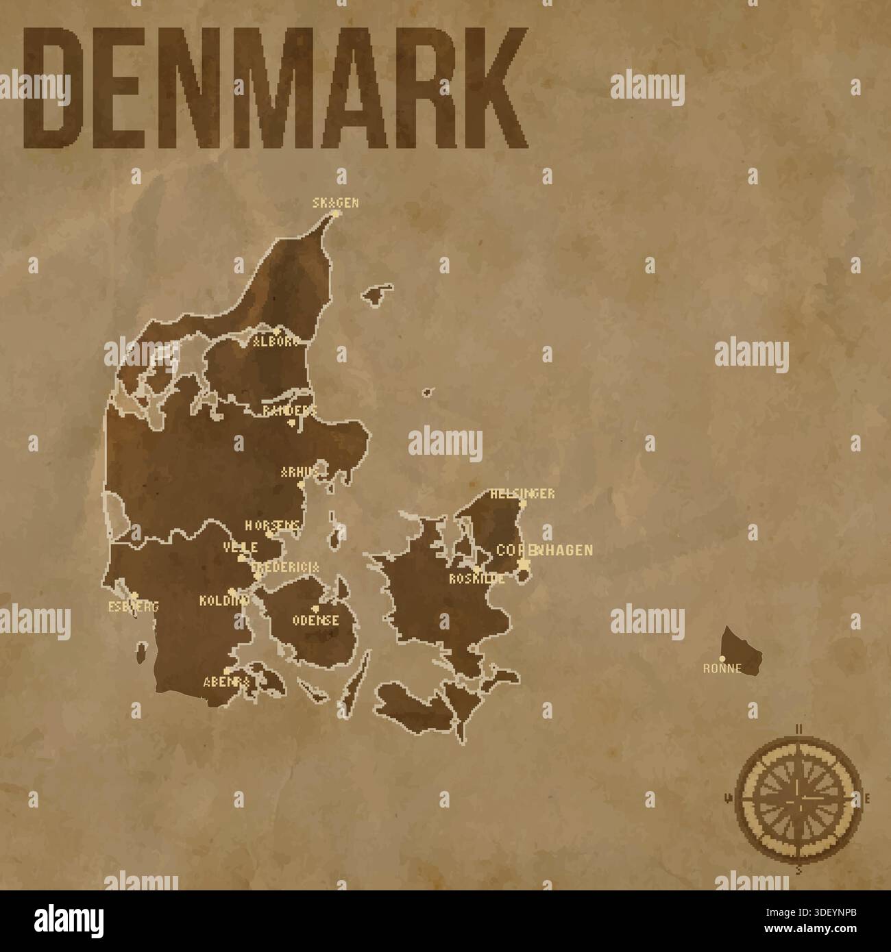 Vintage DENMARK Map with Regions Borders and Major Cities Positions ...
