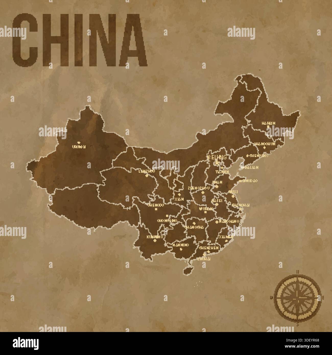 Vintage CHINA Map with Regions Borders and Major Cities Positions Stock ...