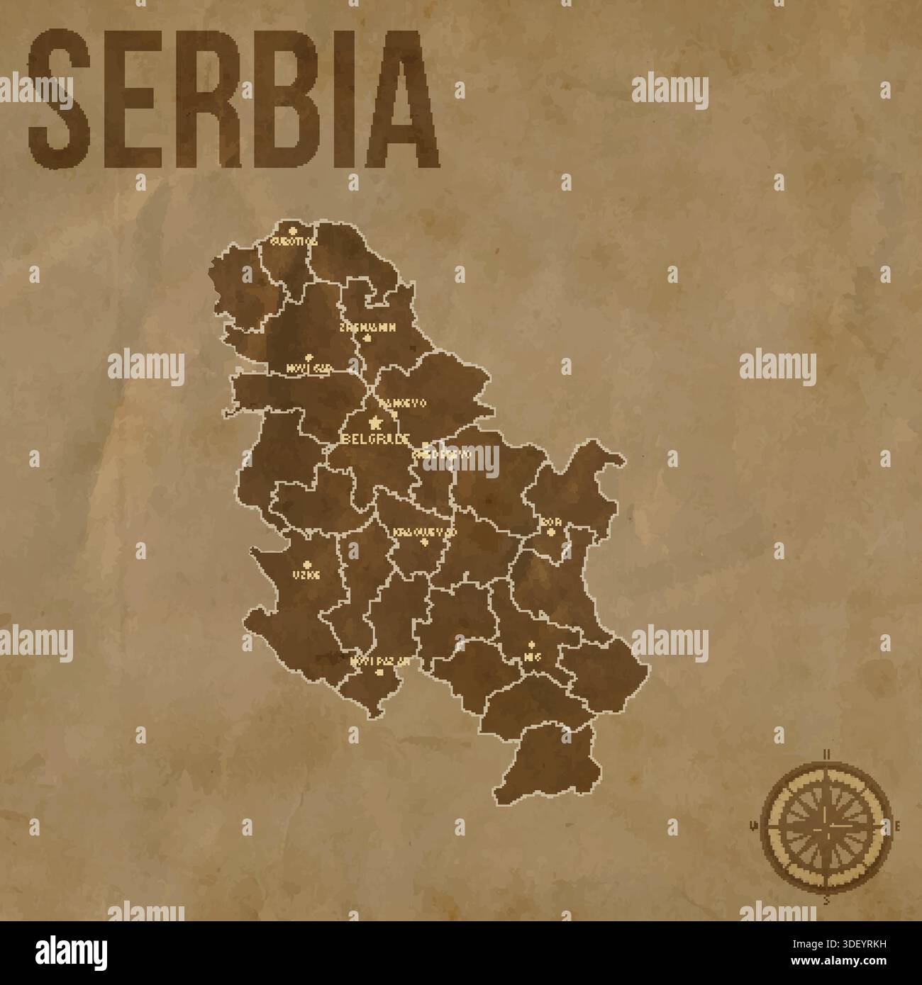 Vintage SERBIA Map with Regions Borders and Major Cities Positions ...