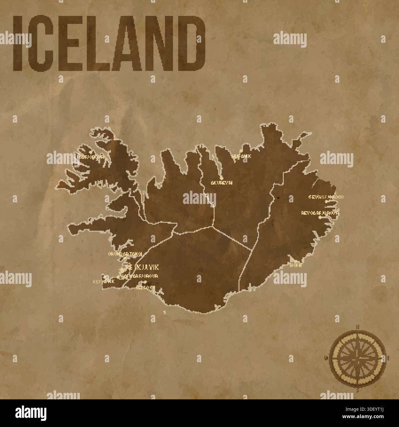 Vintage ICELAND Map with Regions Borders and Major Cities Positions ...