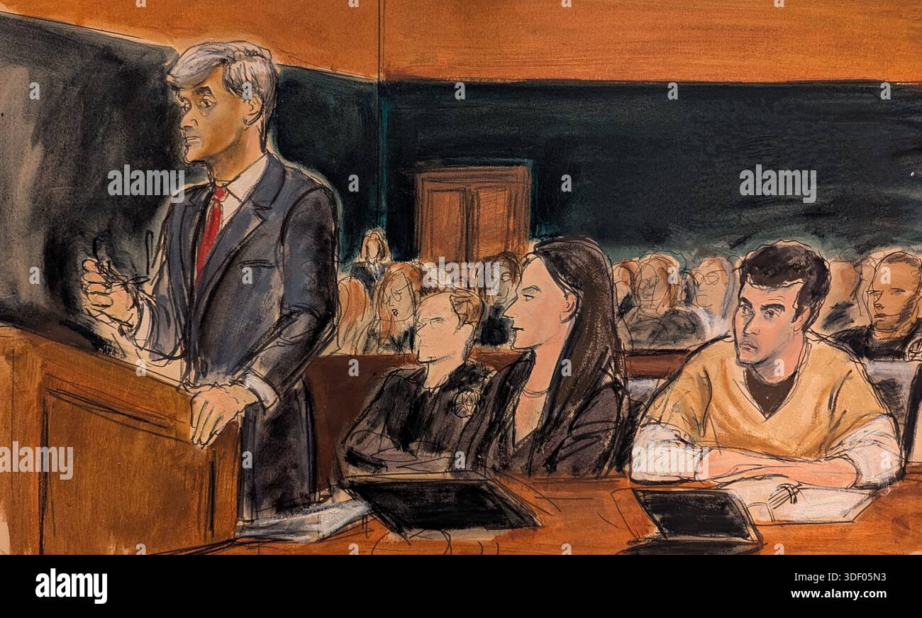 Luigi Mangione, right, and one of his attorneys, Karen Agnifilo, center ...