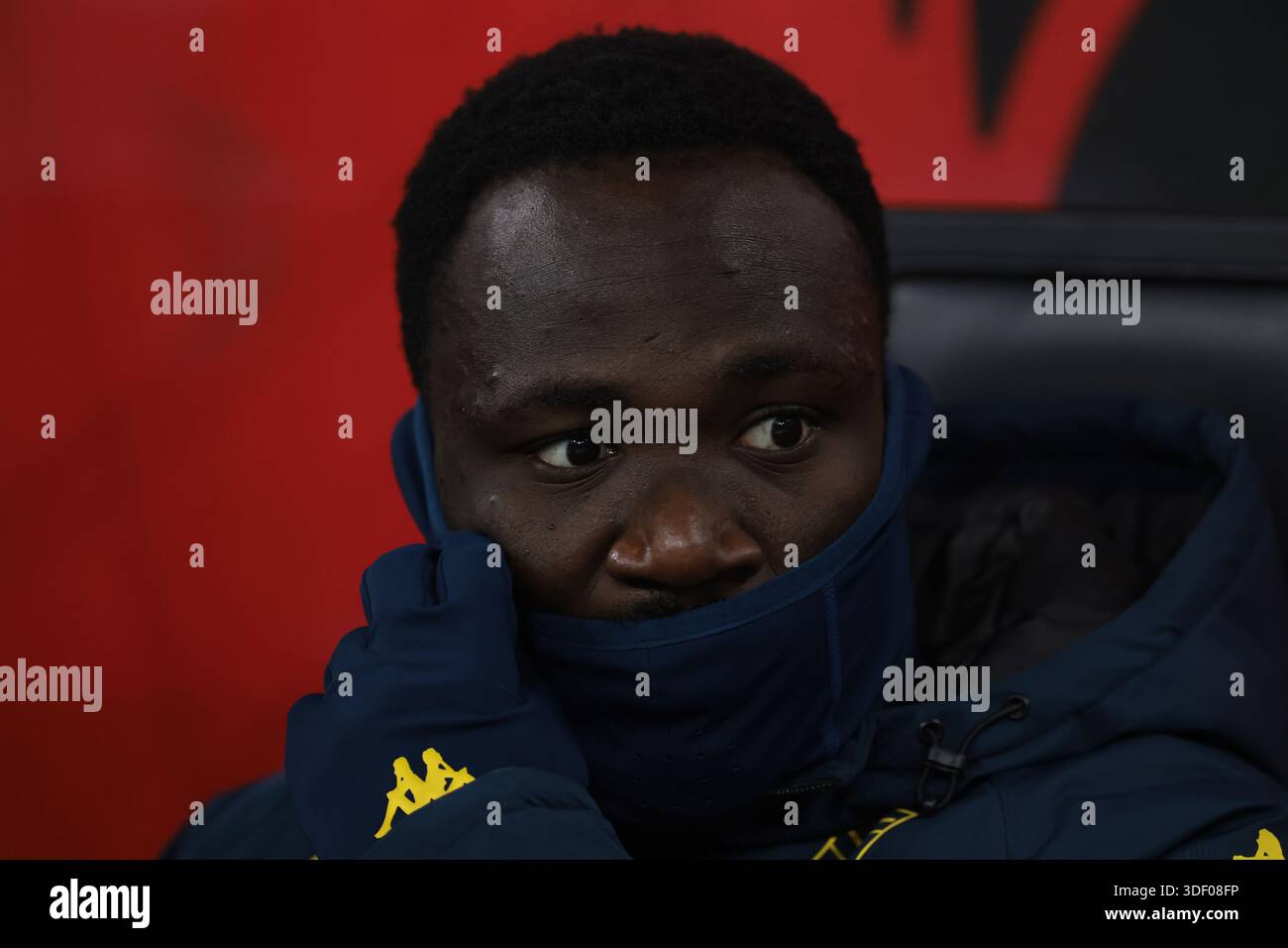 Milan, Italy, 8th January 2026. Seydou Fini of Genoa CFC looks on from the bench prior to kick ...