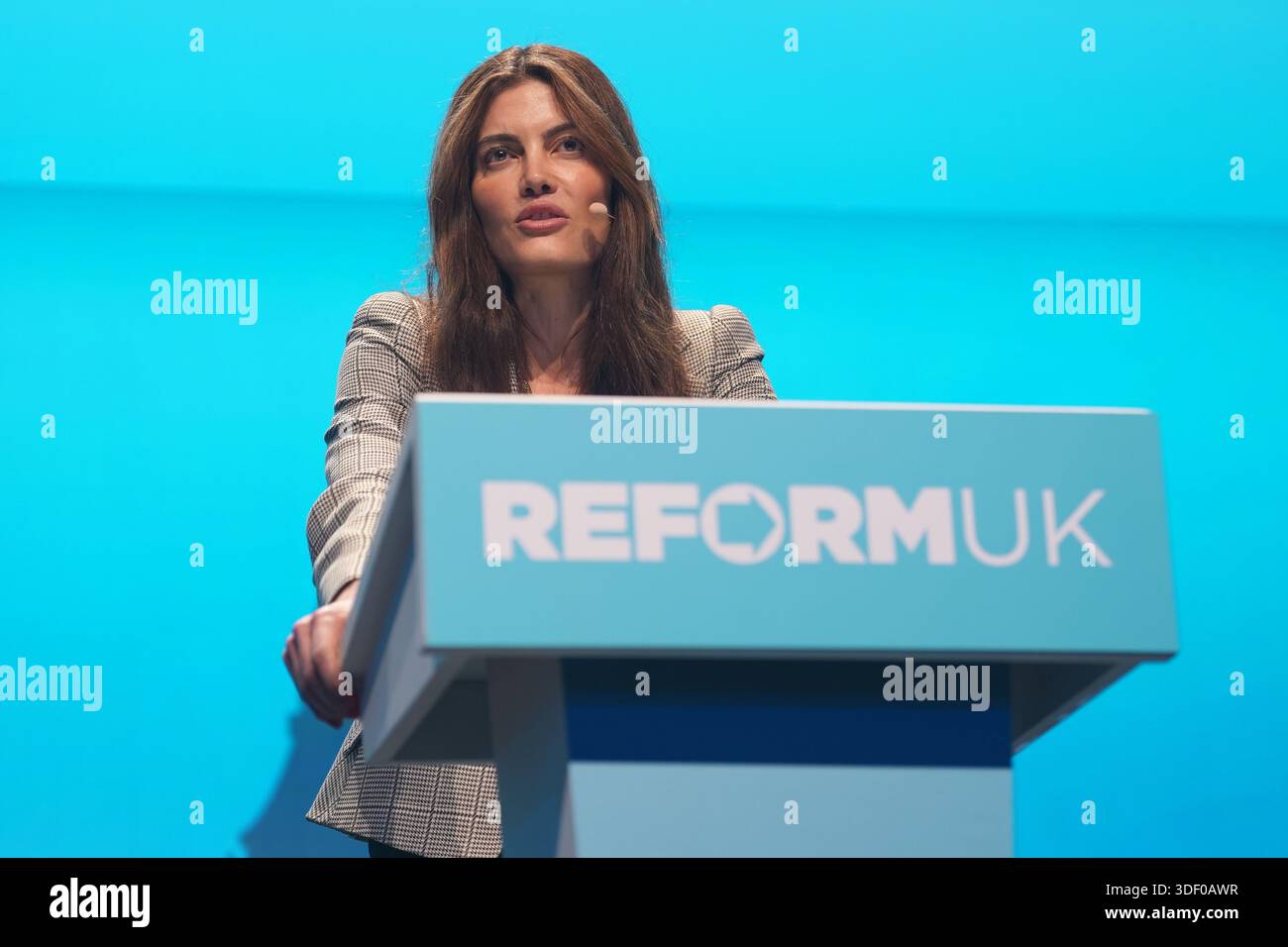 Reform UK's Laila Cunningham speaking during a Reform UK rally at Excel ...