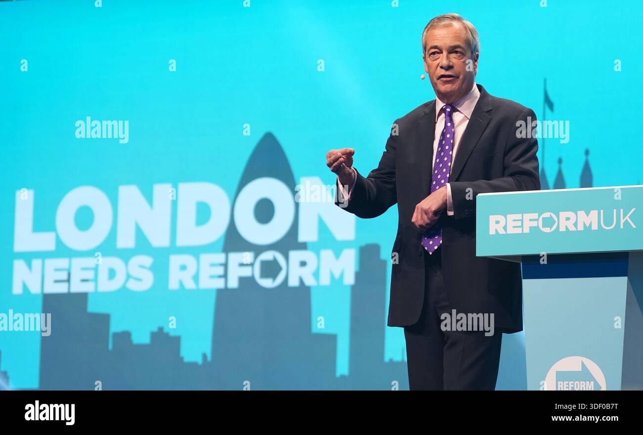 Reform UK leader Nigel Farage speaks during a Reform UK rally at Excel ...