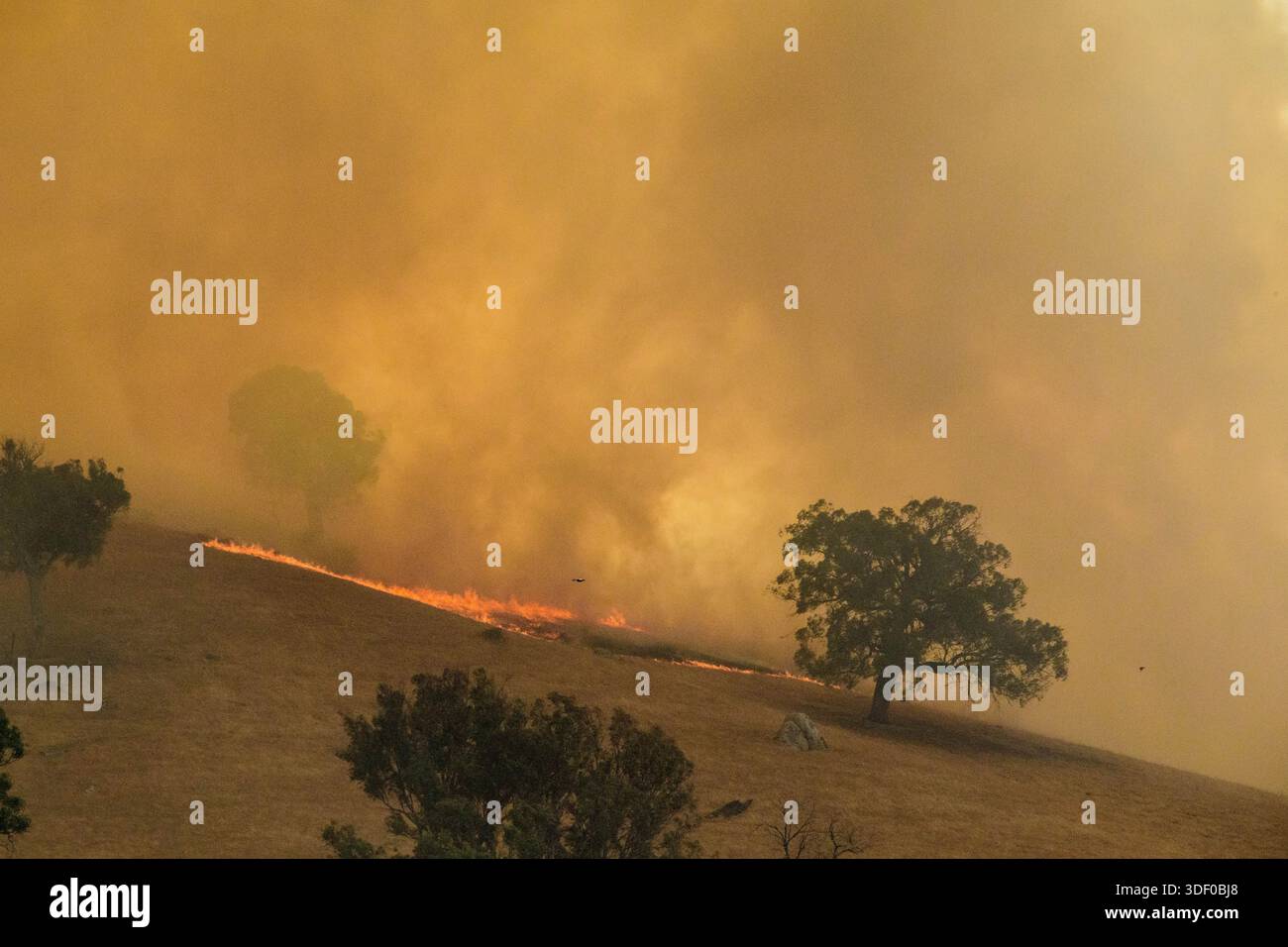 A low grass fire burns across a hillside as heavy smoke blankets the ...