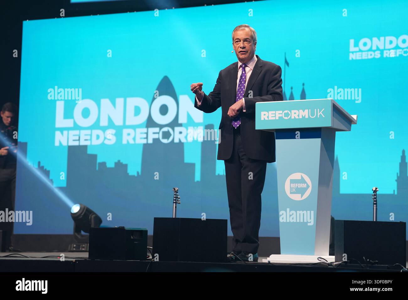 Reform UK leader Nigel Farage speaks during a Reform UK rally at Excel ...