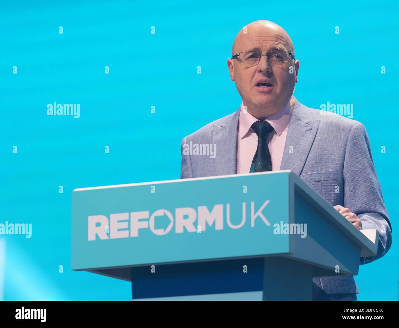 Reform UK's Keith Prince speaking during a Reform UK rally at Excel ...
