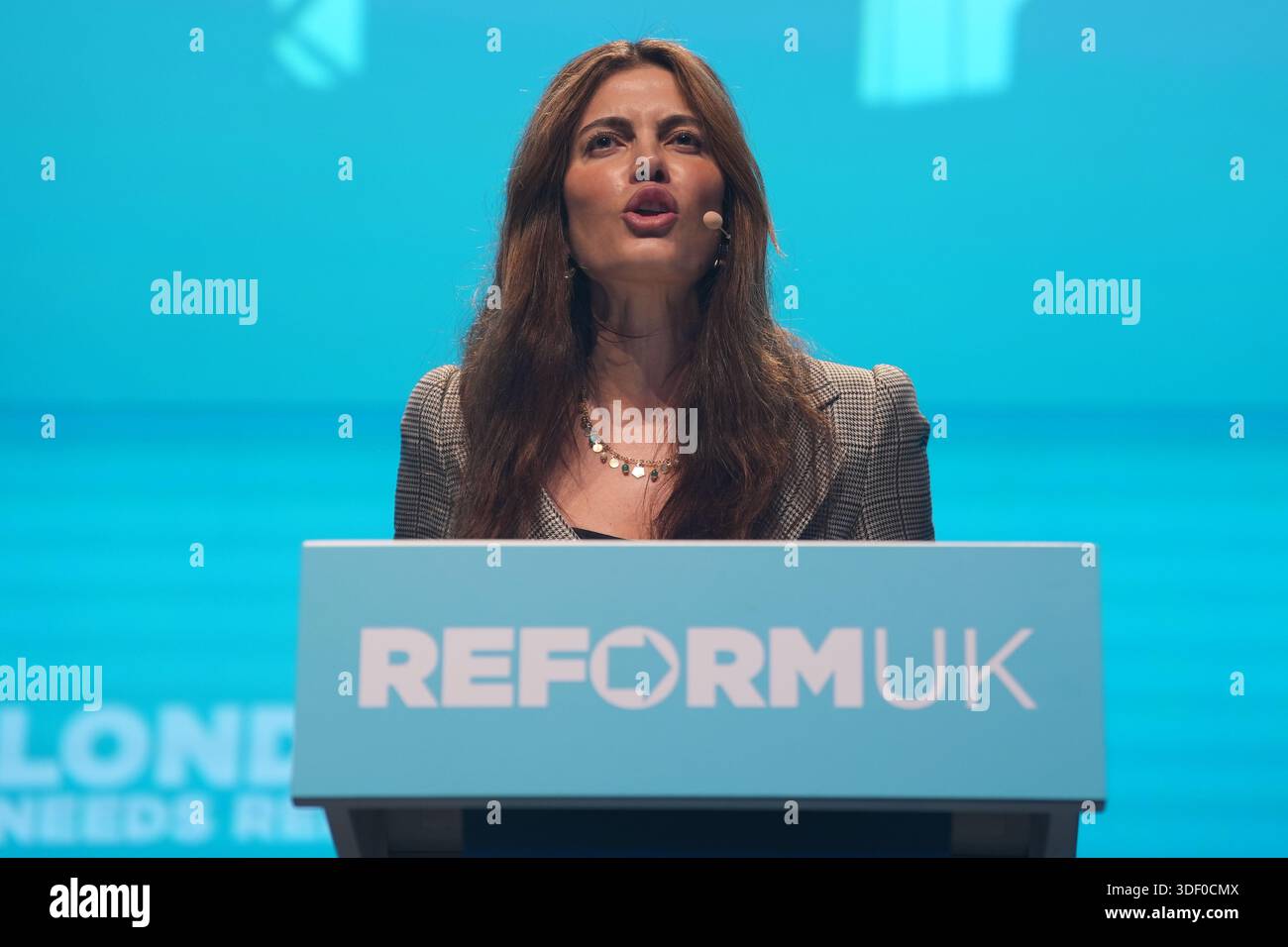 Reform UK's Laila Cunningham speaking during a Reform UK rally at Excel ...